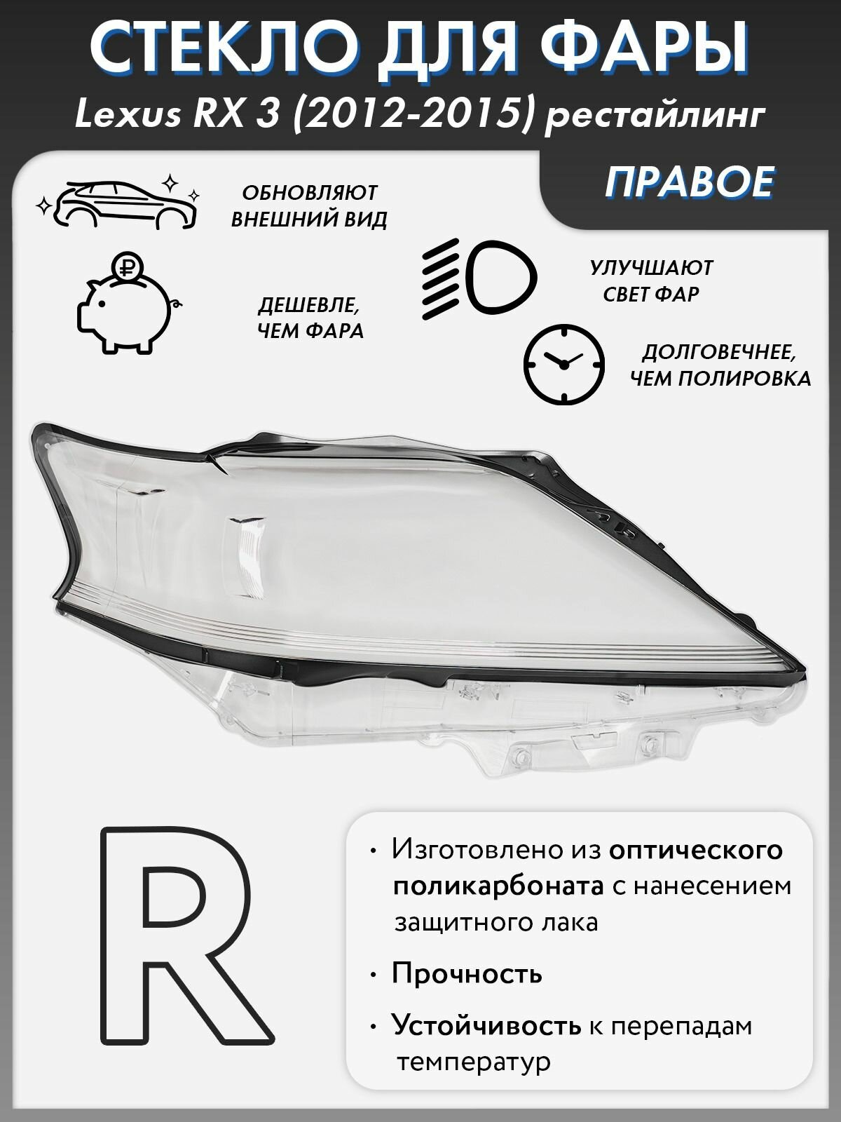 Стекло фары для Lexus RX 3 (2012-2015) рестайлинг правое, поликарбонат 01-040-R