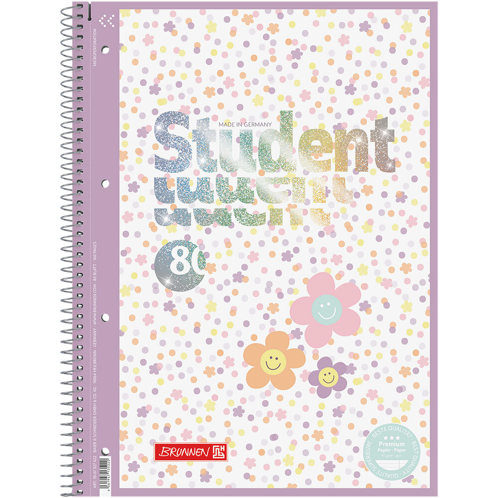 Тетрадь в линейку на пружине А4 Premium "Смайлик Happy Hippie", микроперфорация, 90 гр/м2, 80 листов, Brunnen (пр-во Германия)