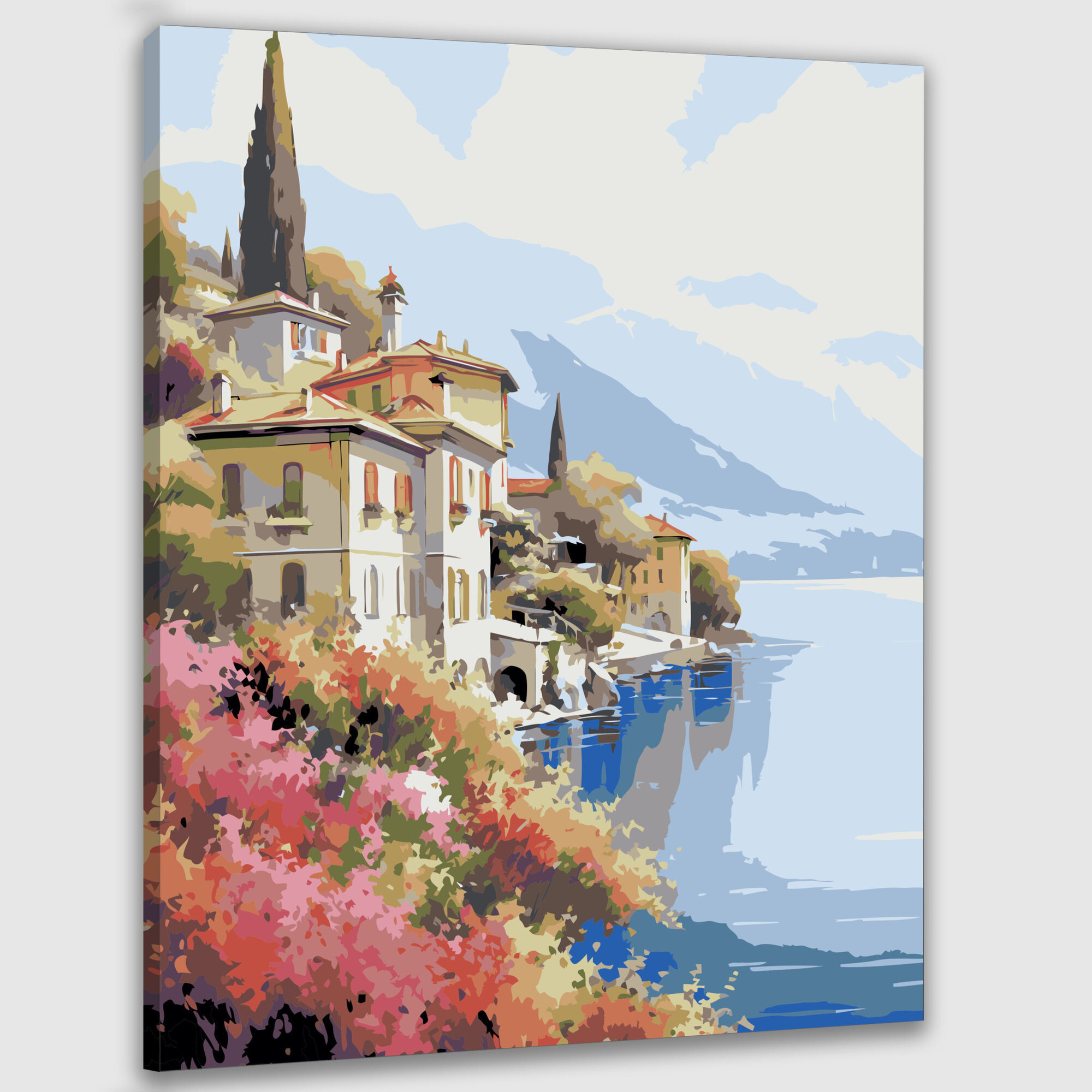 Картина по номерам 40x50 см, озеро Комо, кристальные воды, заснеженные вершины, виллы на берегу, яркие цветы