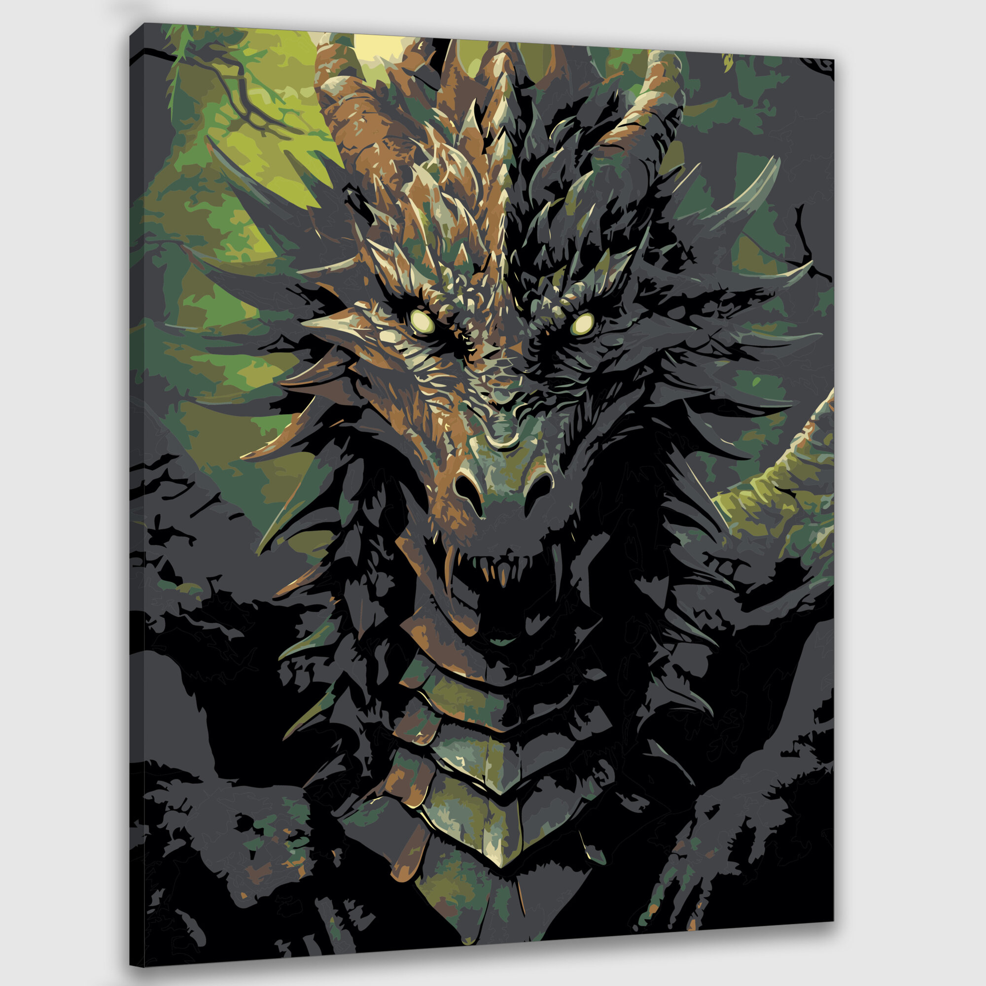 Картина по номерам 40x50 см, деревянный дракон, резьба, мифические символы, узоры, мистический лес, изумрудные глаза