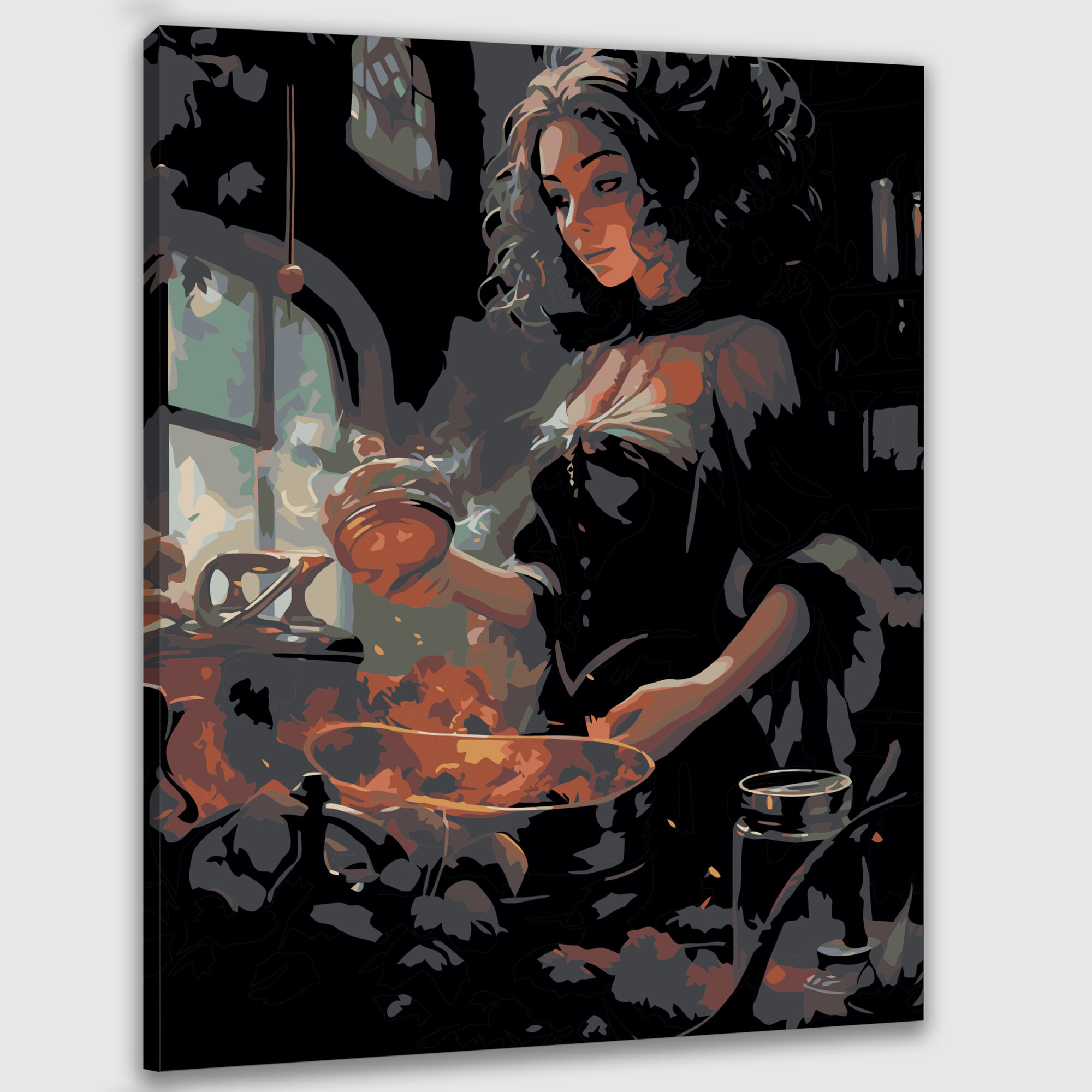 Картина по номерам 40x50 см, ведьма, волшебное зелье, кухня, банки, ингредиенты, котлы, книги заклинаний, волосы, перья