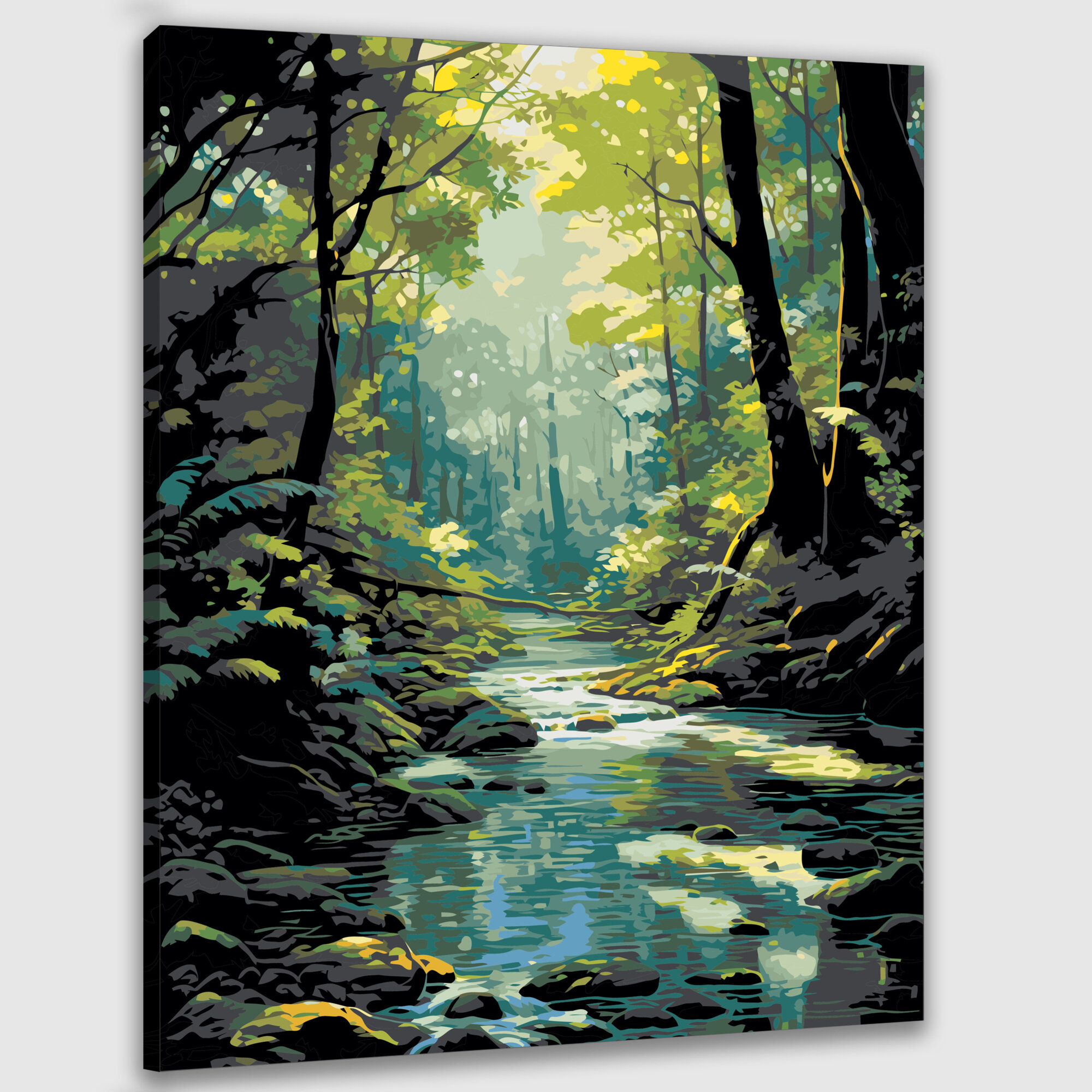 Картина по номерам 40x50 см, фотография, ручей, лес, солнечный свет, полог, сияние, вода, момент спокойствия, гармония