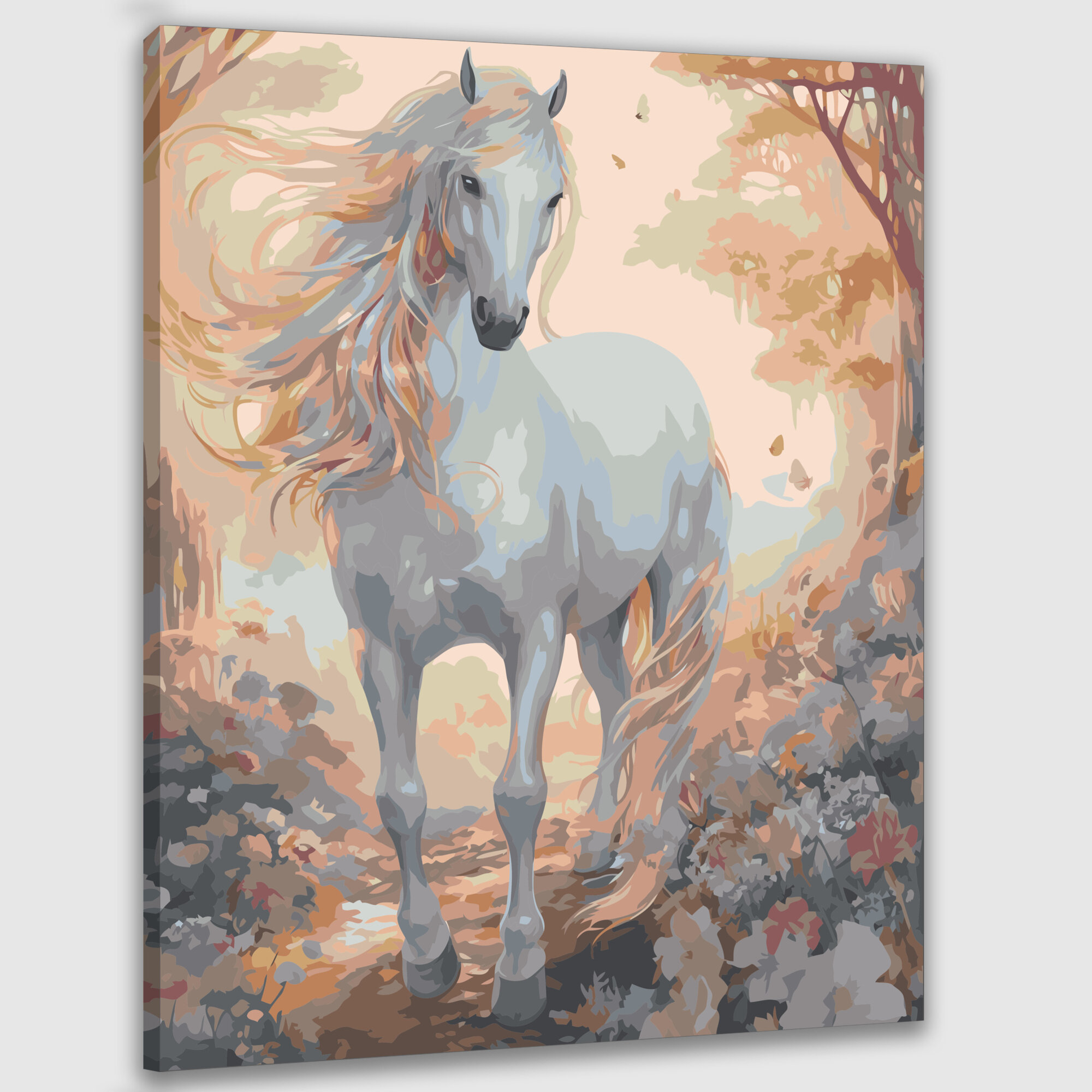 Картина по номерам 40x50 см, лошадь, единорог, рог, грива, хвост, луг, солнце, цветы, мифический, фантазия, волшебство