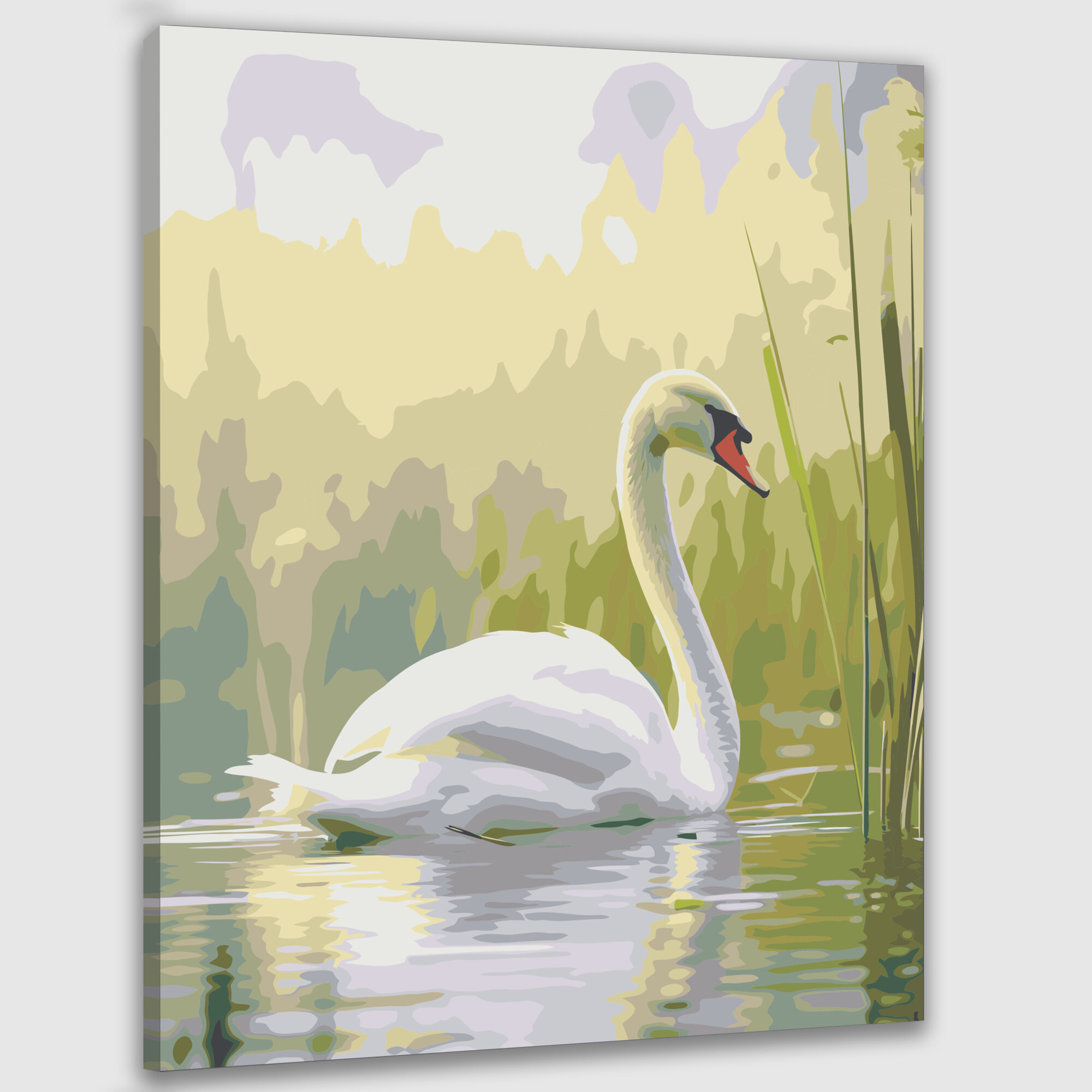 Картина по номерам 40x50 см, акварельная иллюстрация, гусь, озеро, зелень, камыши, яркие цвета, нежные мазки, жизнь