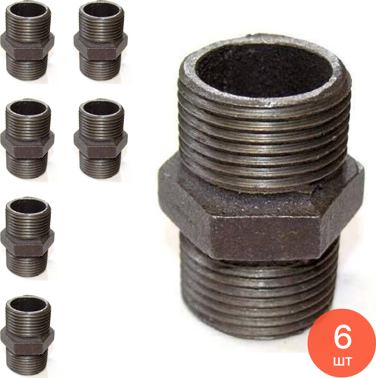 Ниппель FT / ФТ ДУ15 бочонок, наружный, из оцинкованного чугуна, резьба 1/2дюйма, диаметр присоединения 15мм / фитинги (комплект из 6 шт)