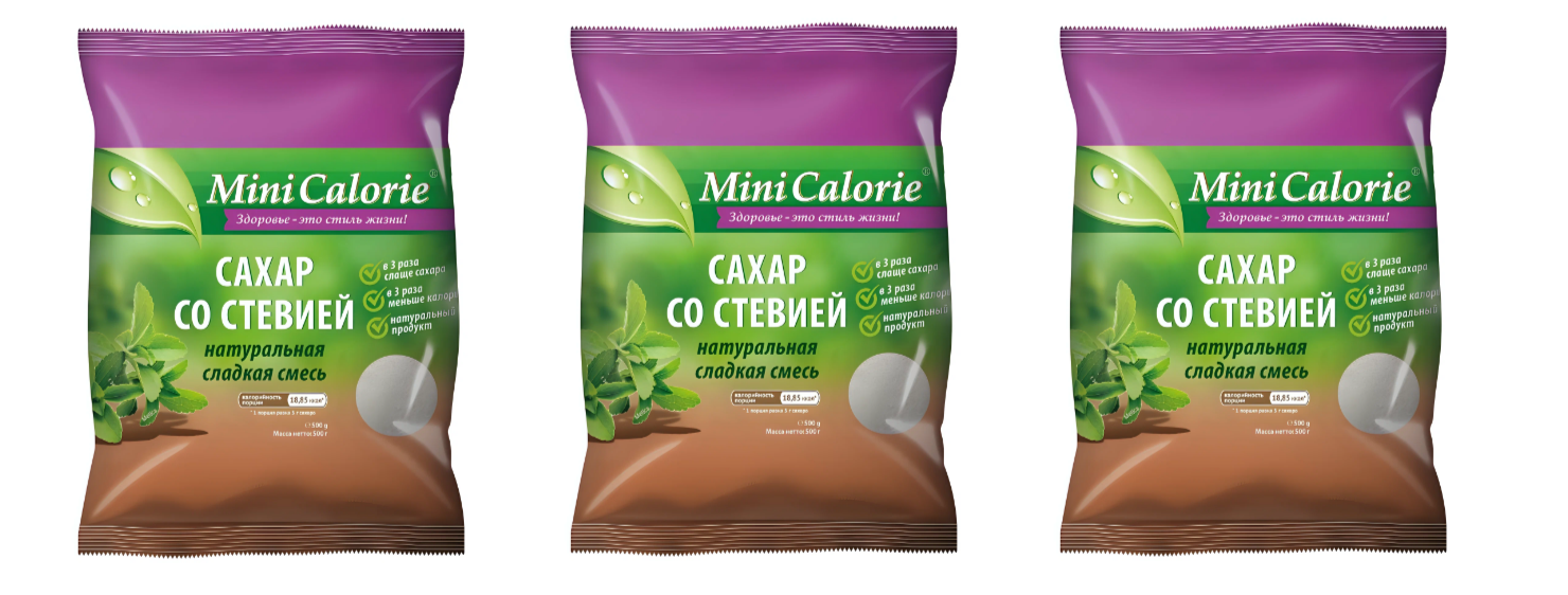 Сахар Mini Calorie со стевией, в 3 раза слаще сахара, 500 гр, 3 уп