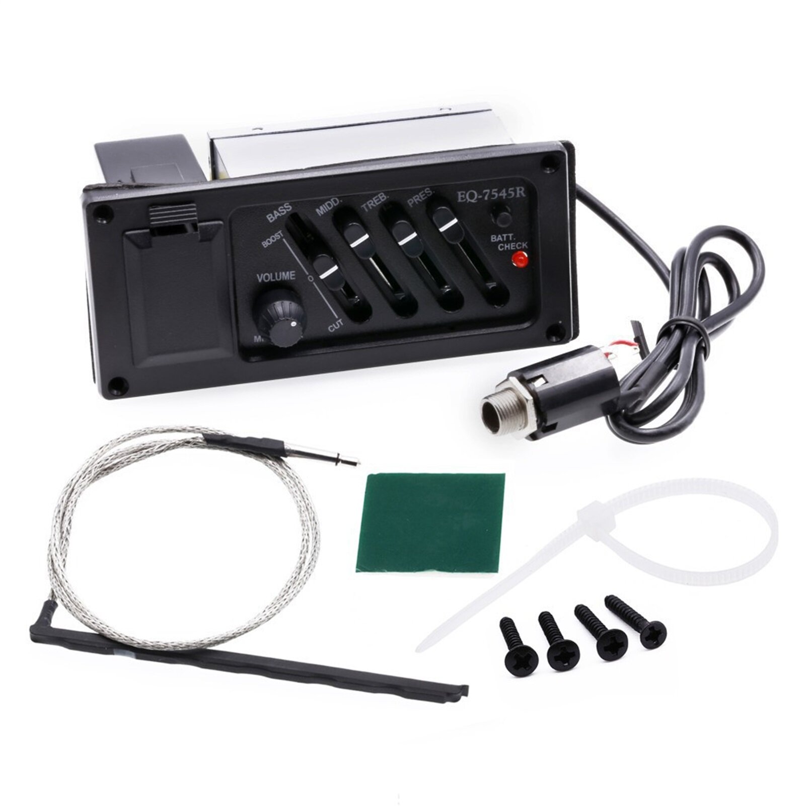 Гитарный Пик업 EQ Классический Деревянный Акустический Электрический Бокс BASS MIDD TREB PRES Пик업 7545R Черный Материал Пластик Металл PRES ±12dB 8KHz BASS ±12dB 600Hz MIDD ±12dB 600Hz TREB ±12dB 2.2KHz 10MΩ 20Hz-20KHz 9V Аккумулятор (не Включен) Для