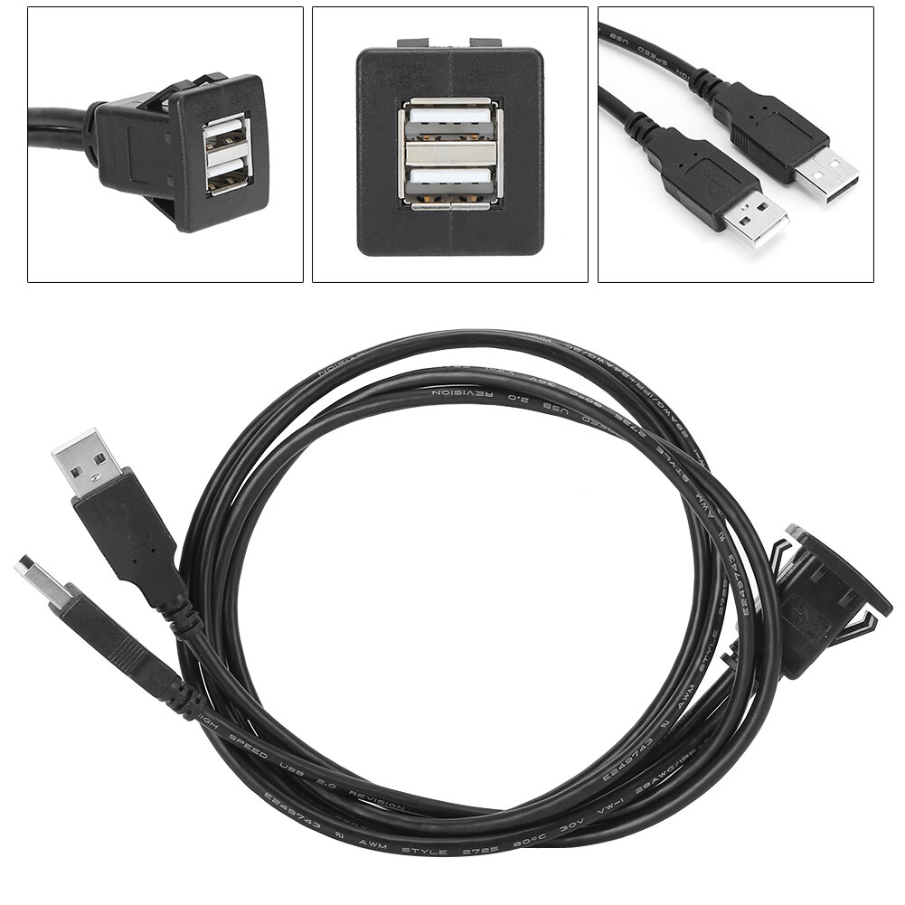 Удлинительный кабель USB 2.0 с двойным интерфейсом, водонепроницаемый, для передачи данных в автомобиле, адаптер для приборной панели, шнур 1 м/3,3 фута