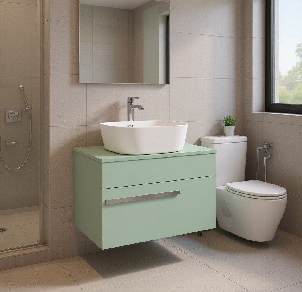 Мебель для ванной Вудлайн 65, оливковый, раковина Бела, зеркало Руан 60х80