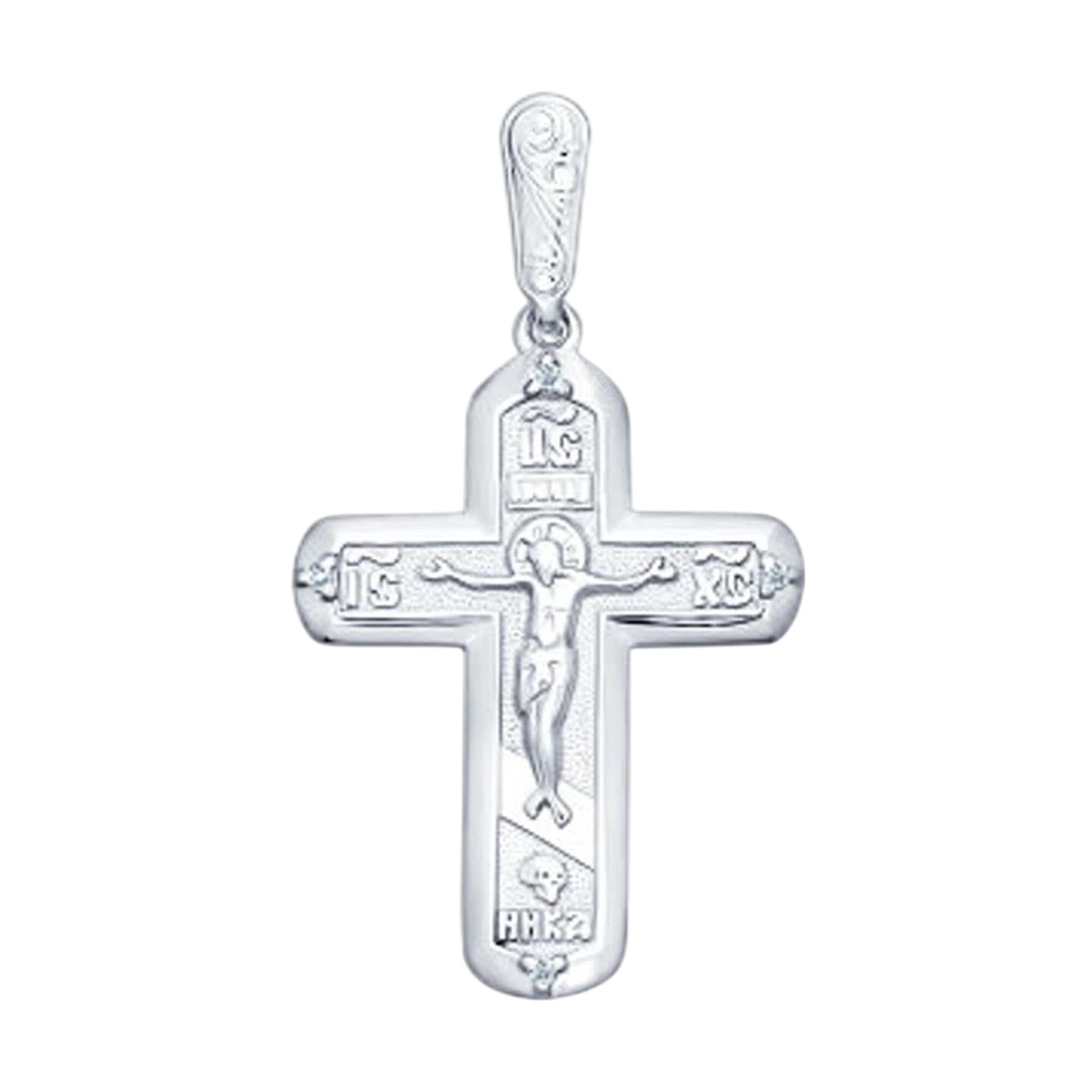 Крестик, серебро, 925 проба, родирование, фианит