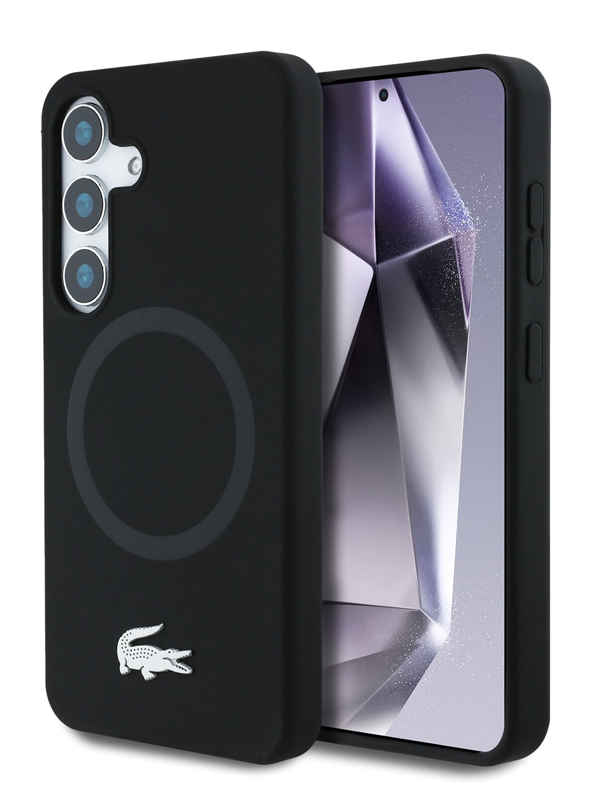 Lacoste силиконовый чехол с MagSafe для Galaxy S25, Liquid silicone Silver Croc Metal logo, черный