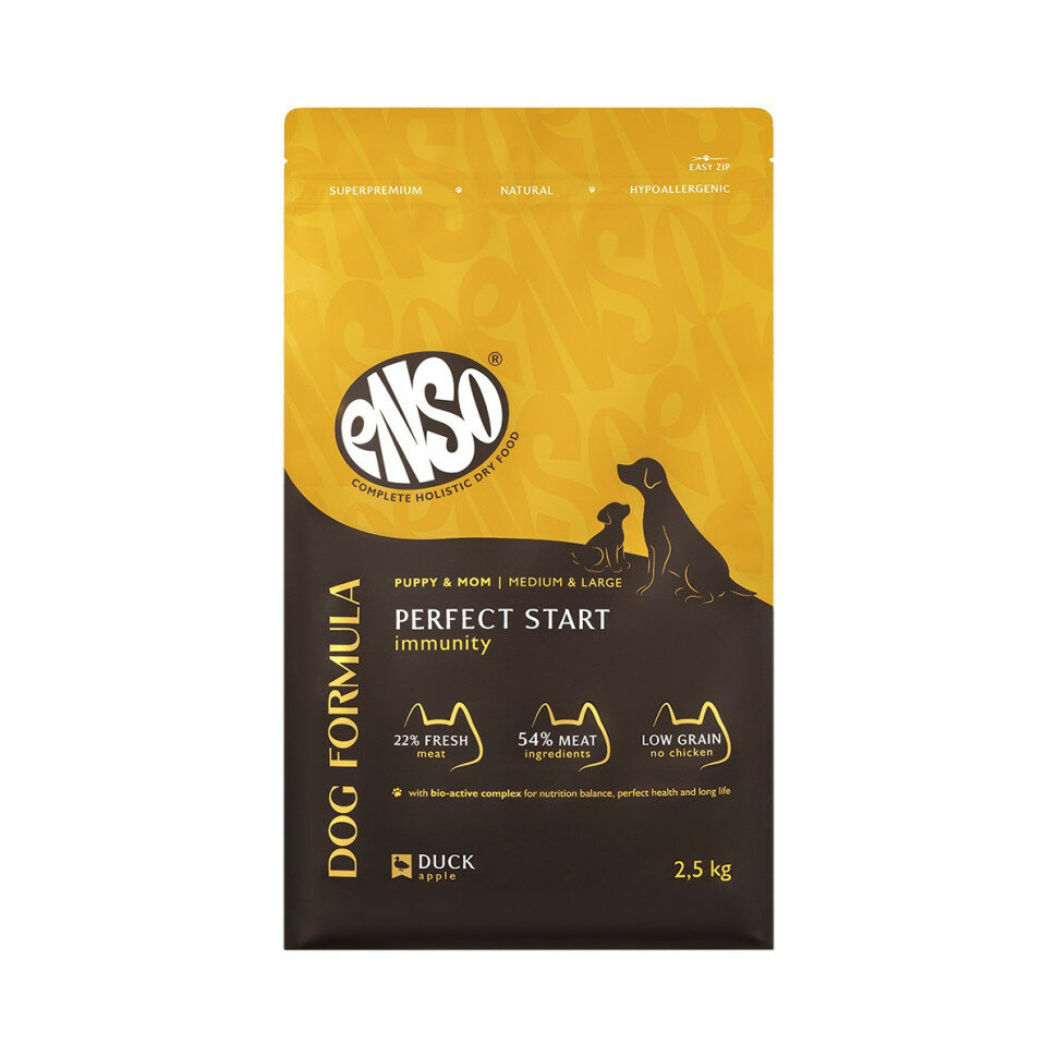 Сухой корм ENSO Dog Formula для щенков от 1 месяца, беременных и кормящих собак средних/крупных пород, утка/яблоко-2,5кг