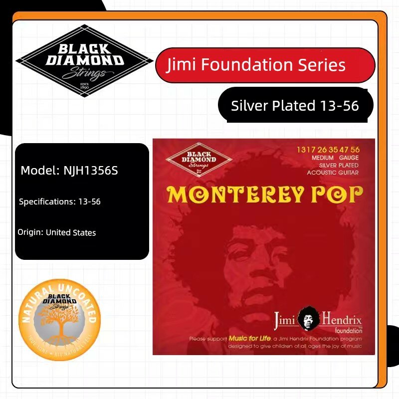 Black Diamond NJH1356S Jimi Foundation Серебряные струны для гитары, комплект из 6 шт, 13-56 калибр