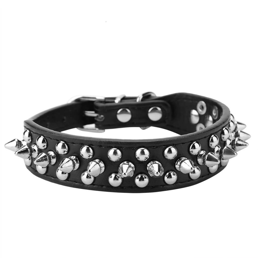 Ошейник для собак, кошек, щенков, регулируемый, из искусственной кожи, с заклепками и шипами, с ремешком на заклепках, черный, размер S