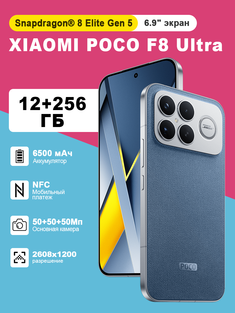 Смартфон Xiaomi POCO F8 Ultra 12/256GB 5G, 6.9" 2K AMOLED 120 Гц Snapdragon 8 Elite 6500 мАч, Джинсовый синий