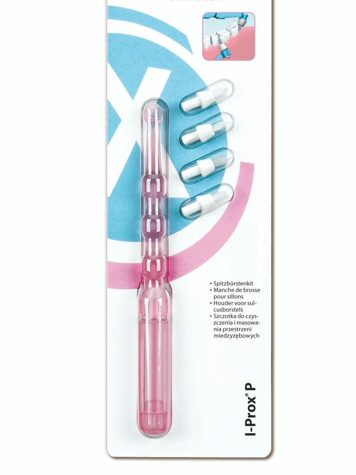 Зубная монопучковая щетка с 4 запасными насадками I-Prox P для очищения десновых бороздок, розовая