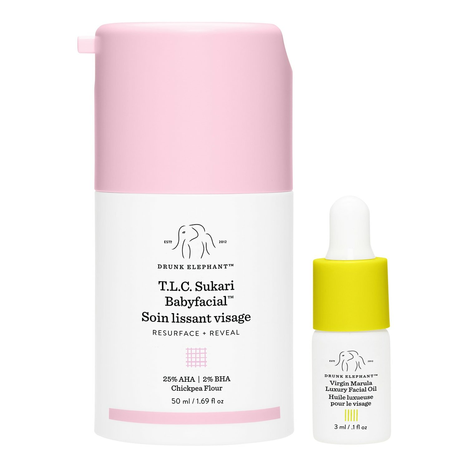 DRUNK ELEPHANT Набор ухода за кожей лица TLC Sukari Babyfacial: маска с AHA и BHA кислотами 50 мл + масло для лица 3 мл