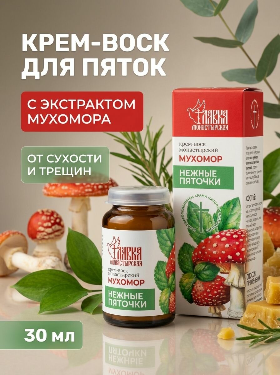 Крем-воск монастырский мухомор Нежные пяточки питательный заживляющий для сухой кожи ног, 30 мл