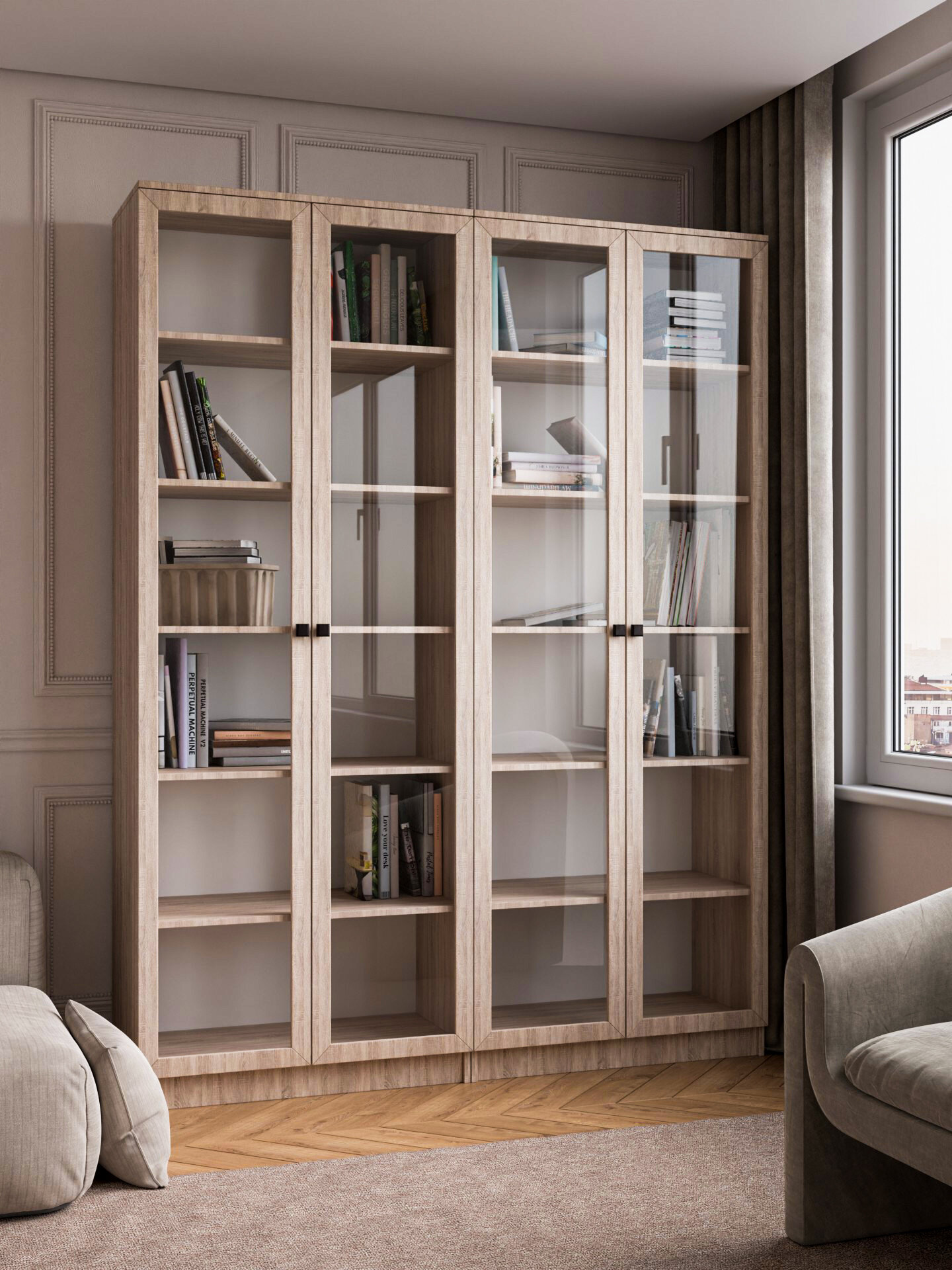 Шкаф-витрина для книг Вест 4.1, 136х38х210 см, со стеклом, шкаф для домашней библиотеки, с полками, дуб сонома