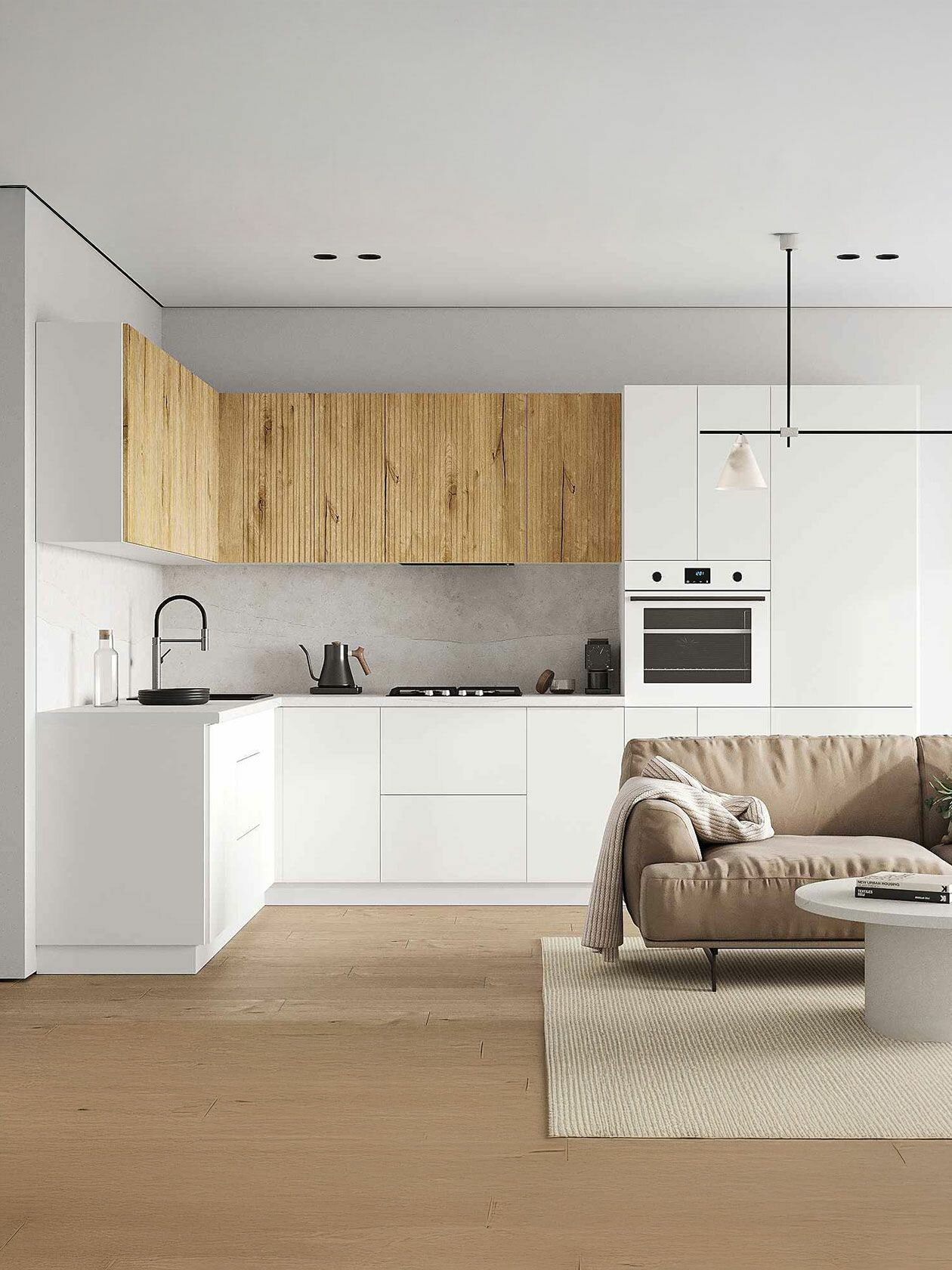 Кухонный гарнитур угловой Комби 3.2х2.2 м, мебель для дома и кухни, Белый / Дуб Торонто / Бланж