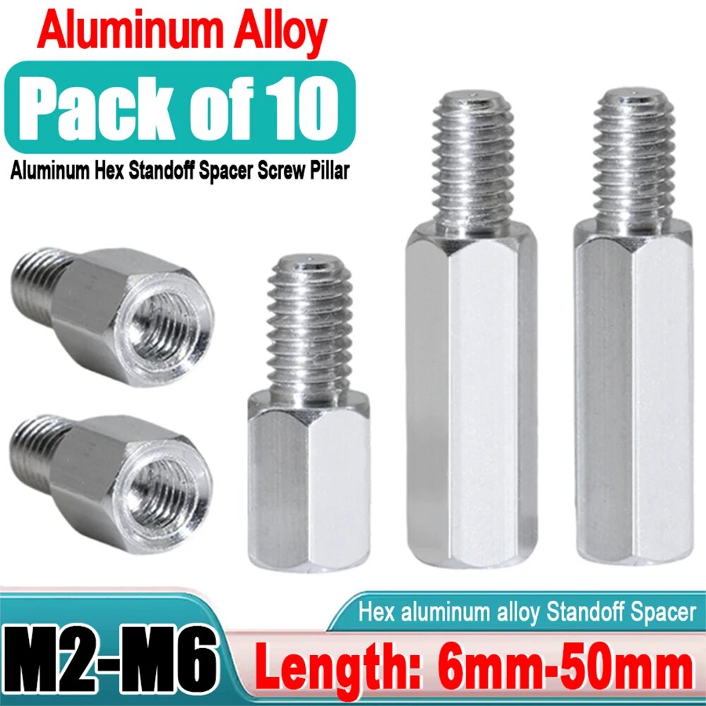 10 шт. шестигранных проставок-стойок для крепления | Печатная плата | Метрическая система | Болты | Алюминиевые стойки-спейсеры M2, M2.5, M3, M4, M5, M6, M8