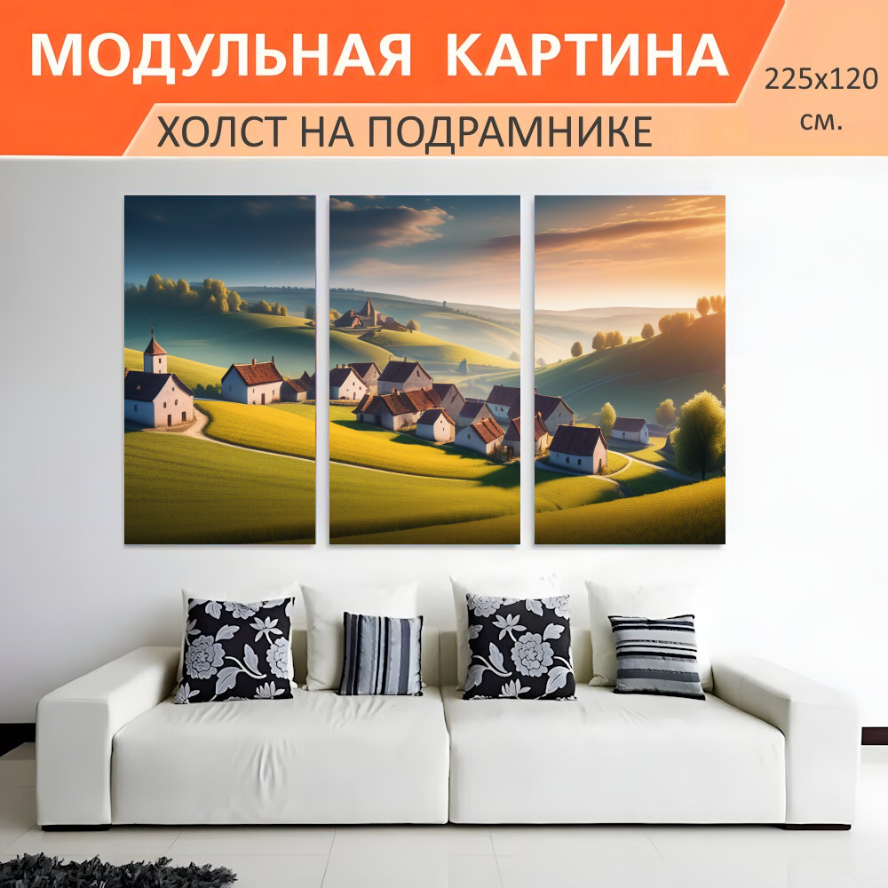 Модульная картина на холсте "Пейзаж с деревенькой" триптих на подрамнике 225х120 см. для интерьера