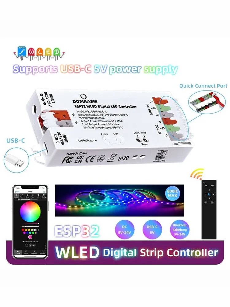 DOMRAEM Type-C ESP32 WLED контроллер светодиодных лент (белый корпус), энергопотребление в режиме ожидания 0.5Вт. Поддержка лент: WS2812B/13/14/05, SK6812. Совместимость с HA, Alexa и Alice.