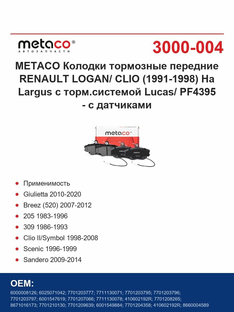METACO Колодки тормозные передние RENAULT LOGAN/ CLIO (1991-1998) На Largus с торм. системой Lucas/ PF4395 - с датчиками