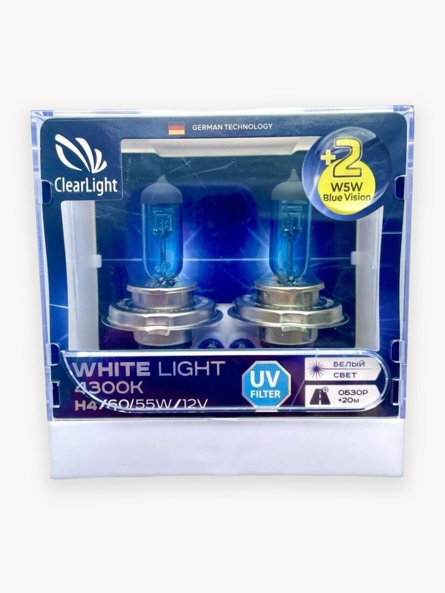 Комплект ламп H4(Clearlight)12V-60/55W WhiteLight (2 шт.) + W5W Blue Vision (2 шт.)