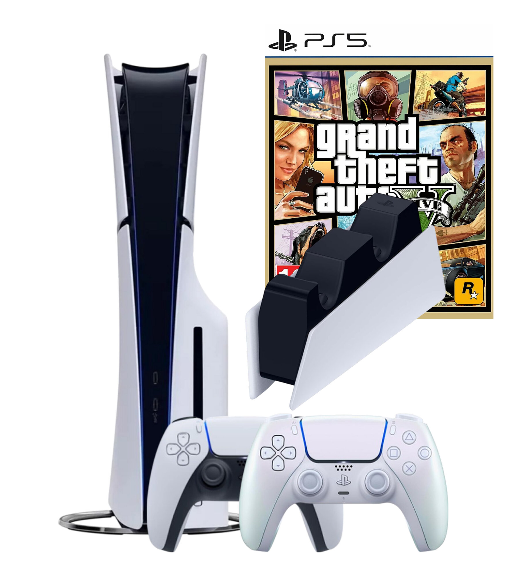 Игровая приставка Sony PS5 Slim + 2й геймпад жемчужный + игра GTA + станция зарядки