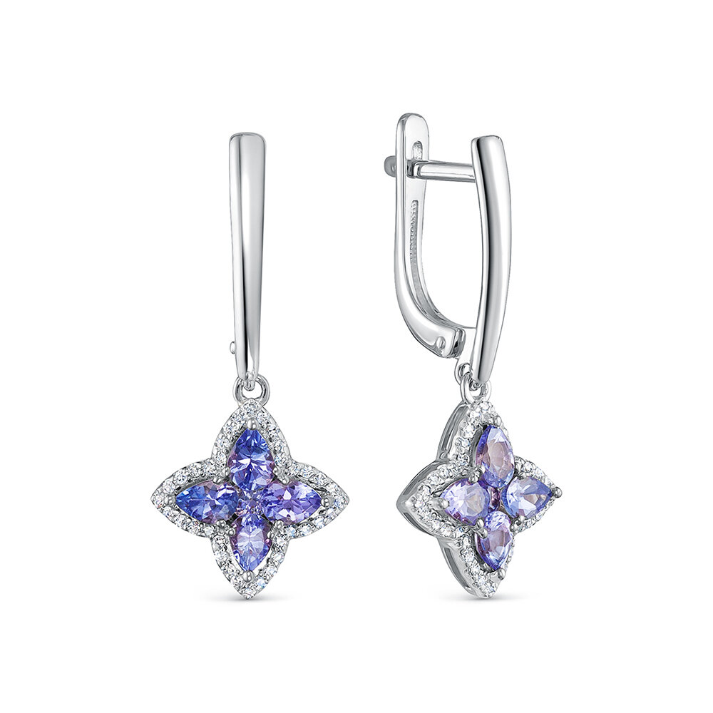 Серьги с подвесками, белое золото, 585 проба, родирование, танзанит
