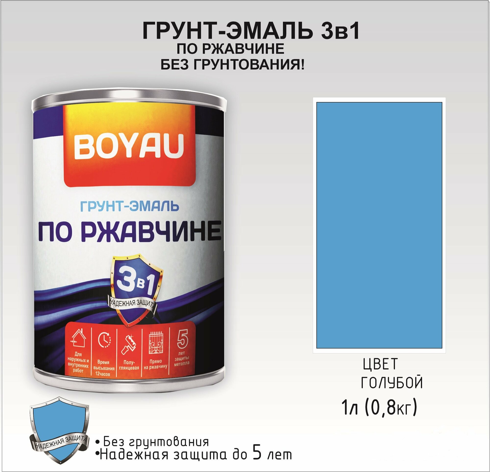 Грунт-эмаль Boyau по ржавчине Антикор 3в1, полуматовая, голубой, 1 л