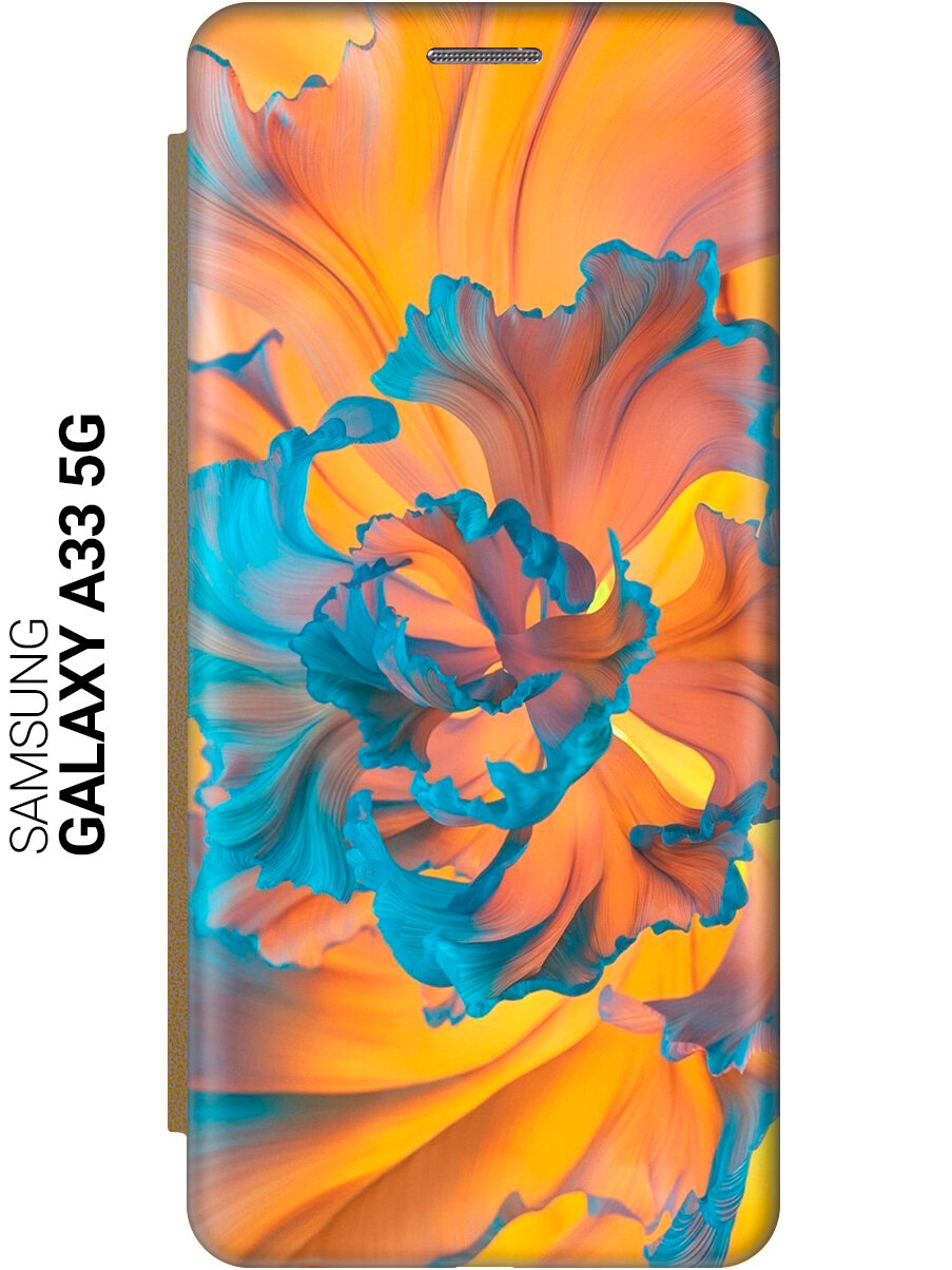 Чехол-книжка на Samsung Galaxy A33 5G / Самсунг А33 5Г с рисунком "Желто-голубой цветок" золотистый