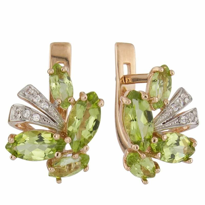 Серьги, красное золото, 585 проба, хризолит