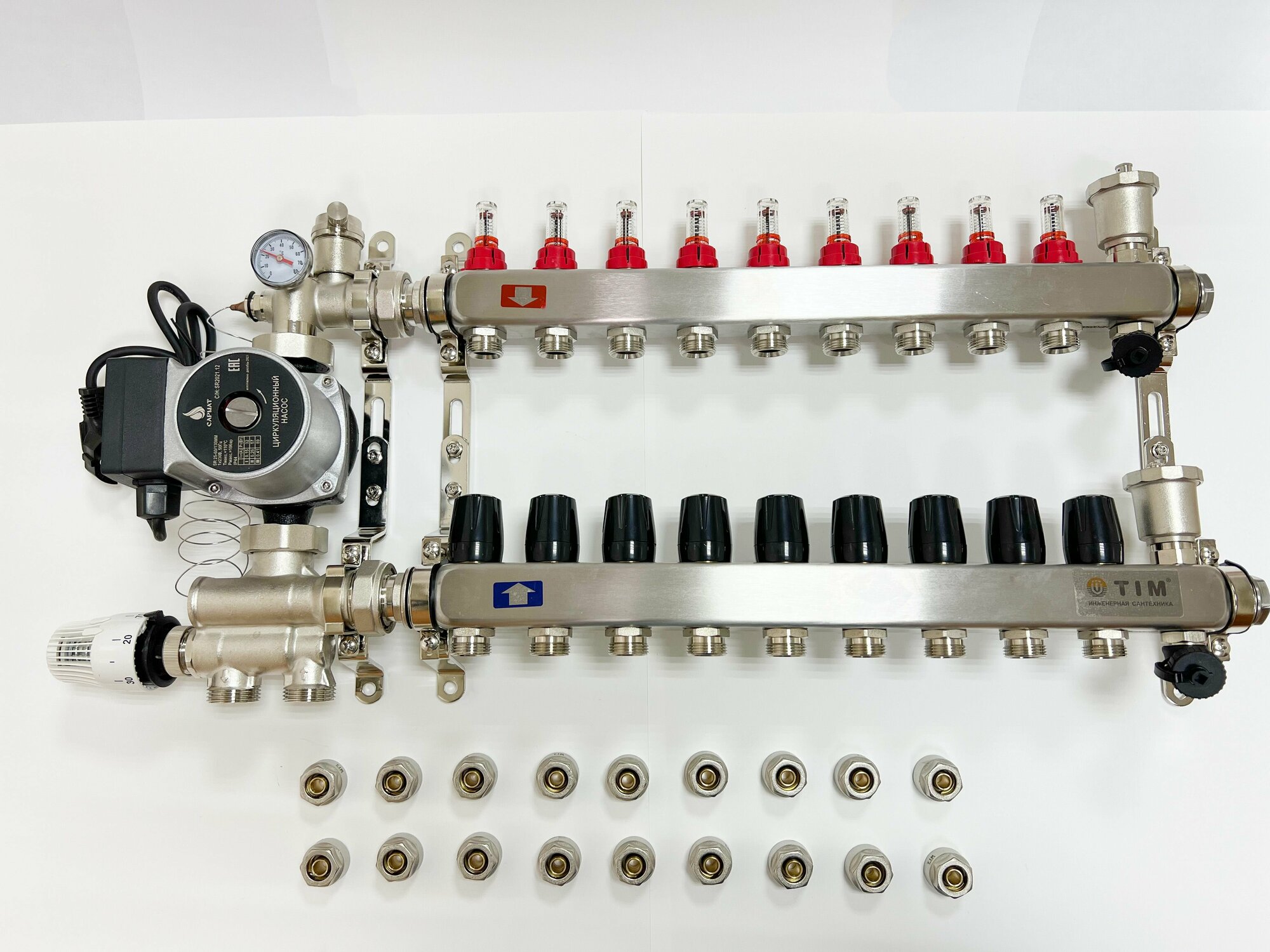 Комплект для водяного теплого пола: Коллектор 9 выхода с расходомерами + смесительный узел + циркуляционный насос 25-60 + евроконусы (до 110 кв. м)