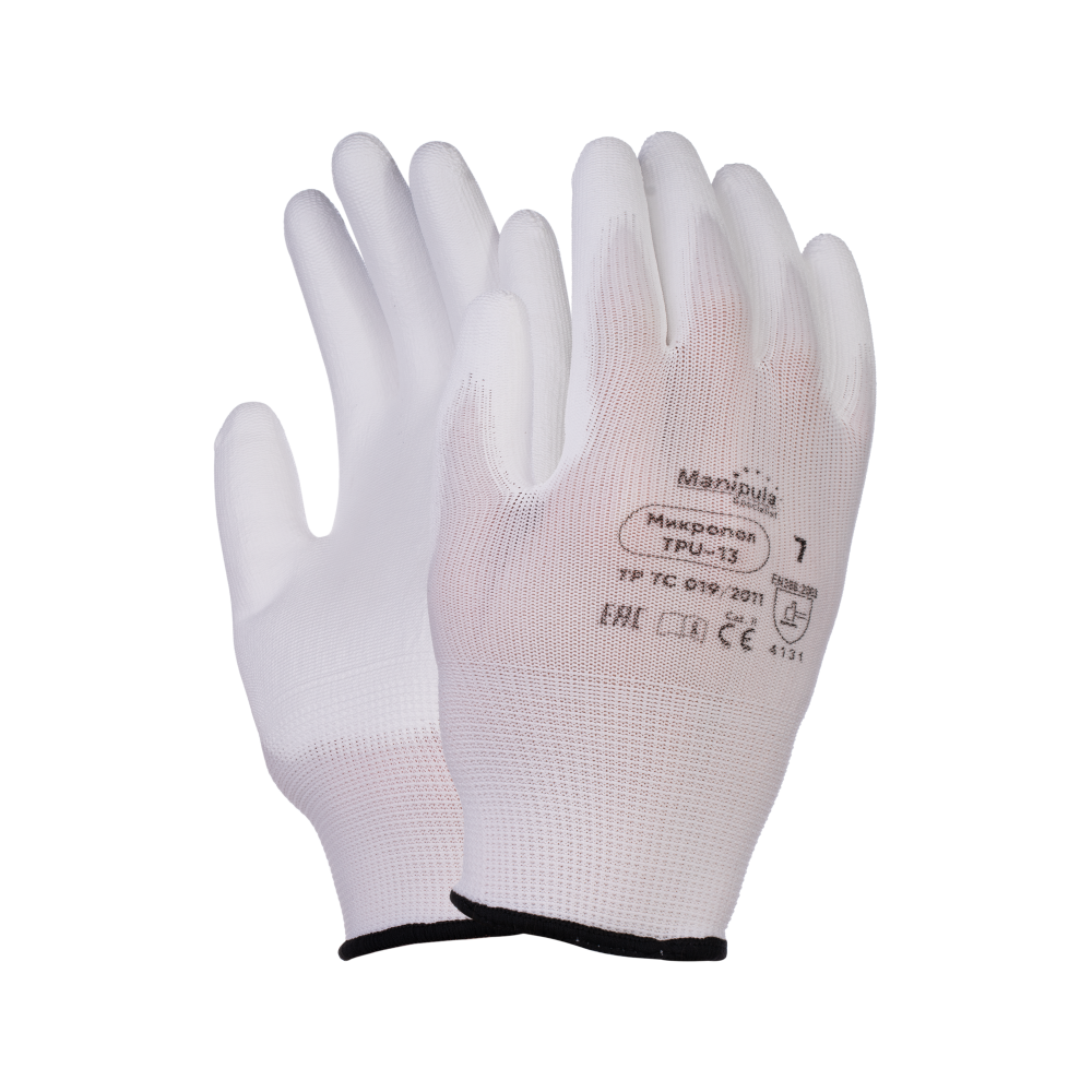 Перчатки защитные нейлоновые с полиуретаном Manipula МикроПол MG-162 (TPU-13), белые, р-р 8