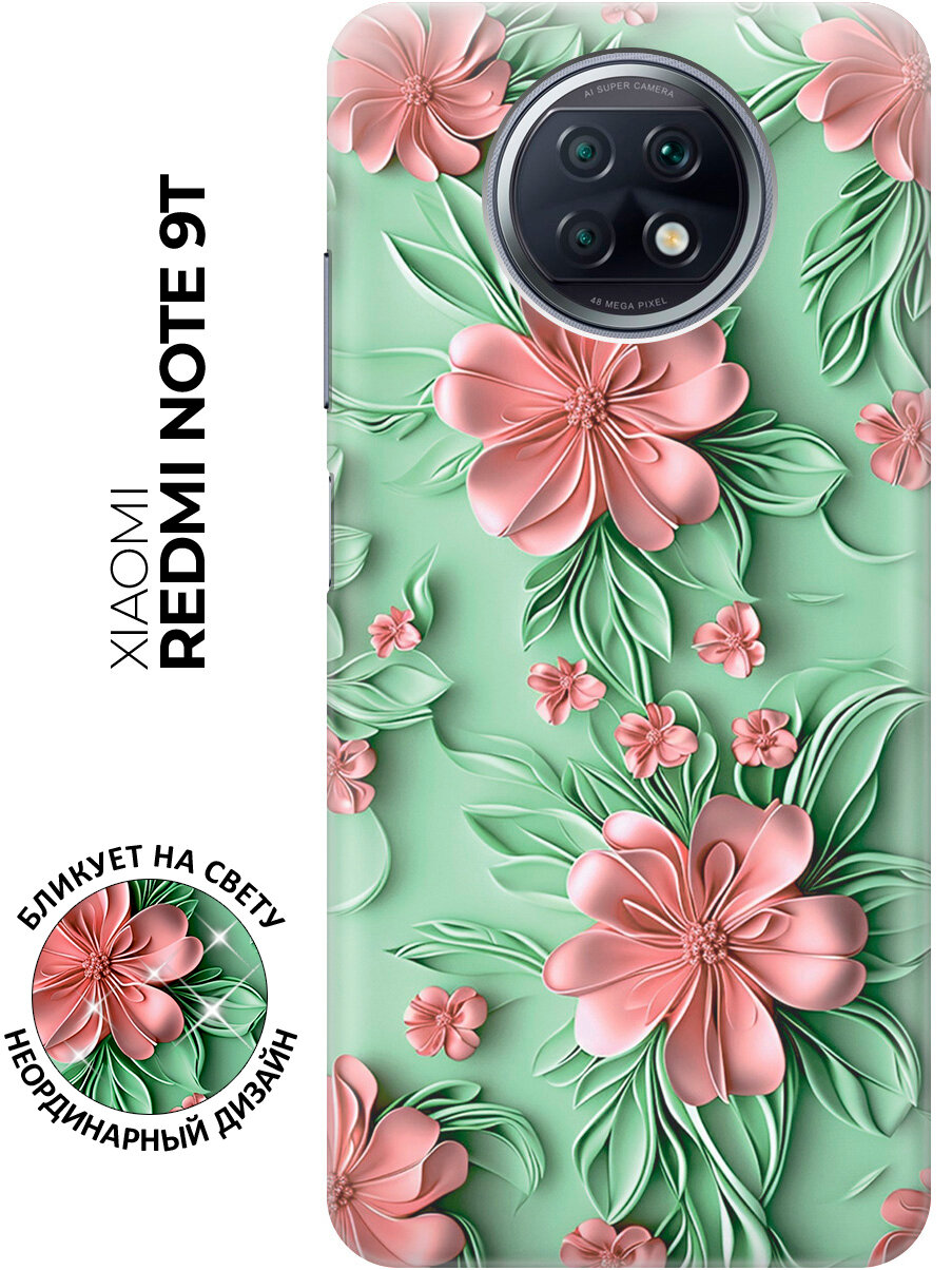 Силиконовый чехол на Xiaomi Redmi Note 9T с принтом "Розовые цветы на мятном фоне"