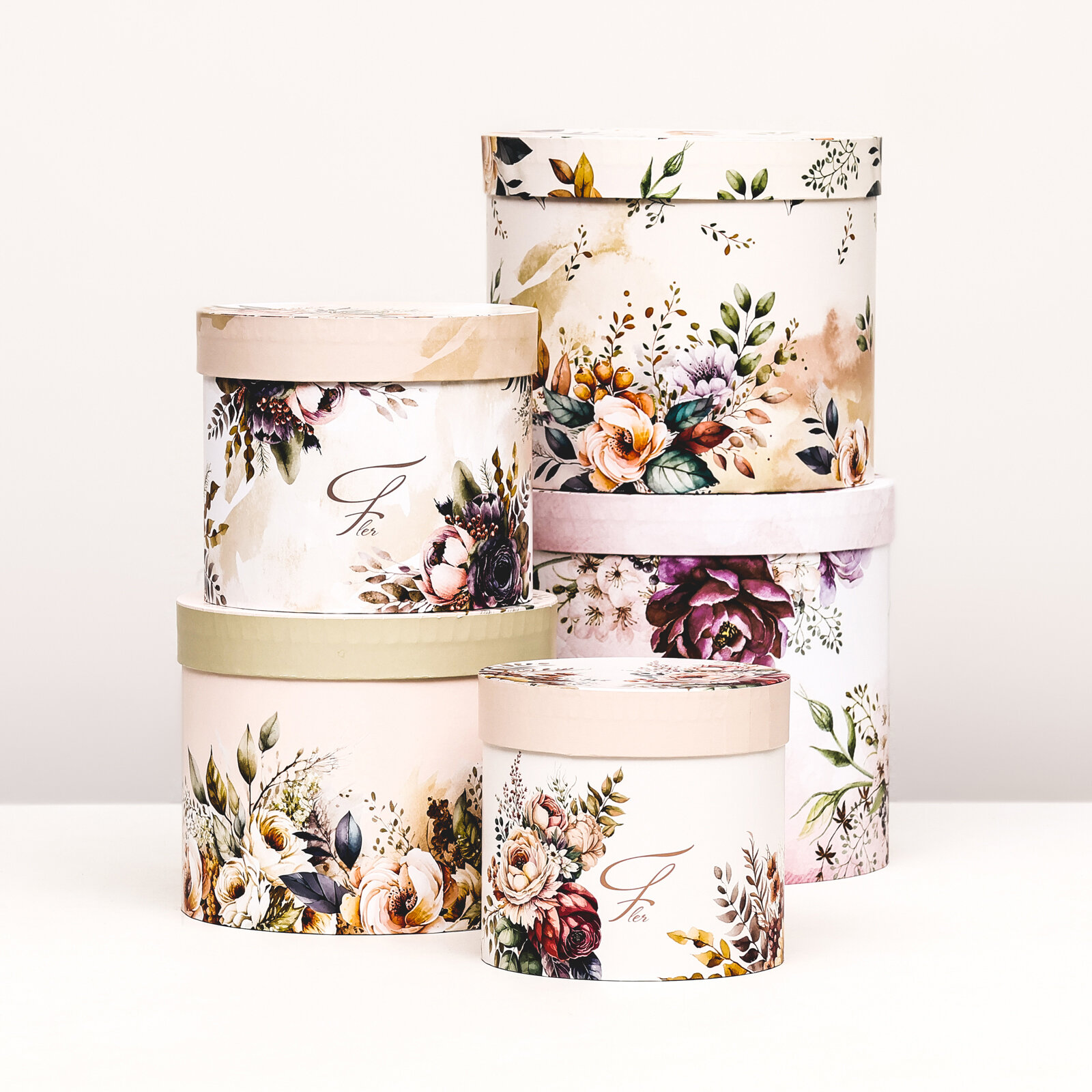 Набор шляпных коробок 5 в 1 «Пёстрые цветы» , 22 × 19.5 , 14×13 см