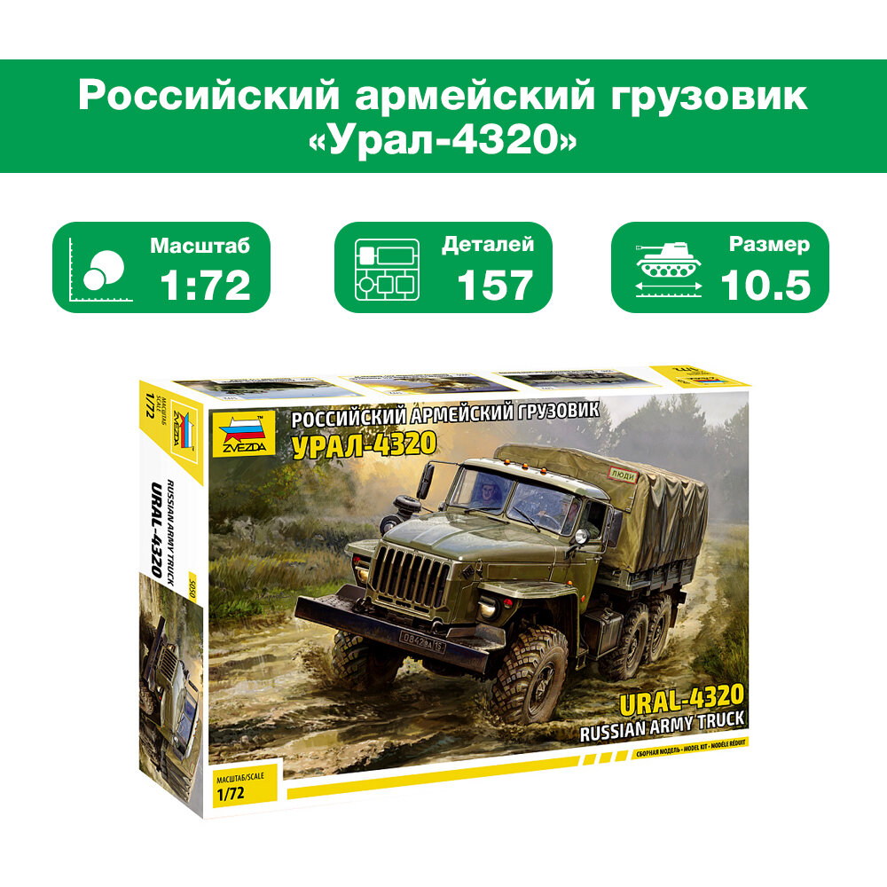 Склеиваемая пластиковая модель Российский армейский грузовик Урал-4320. Масштаб 1:72