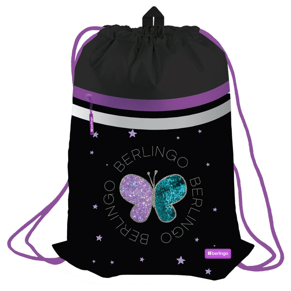 Мешок для обуви 1 отделение Berlingo "Shining butterfly", 340*460мм, вентиляционная сеточка, светоотражающая лента, карман на молнии, 367889