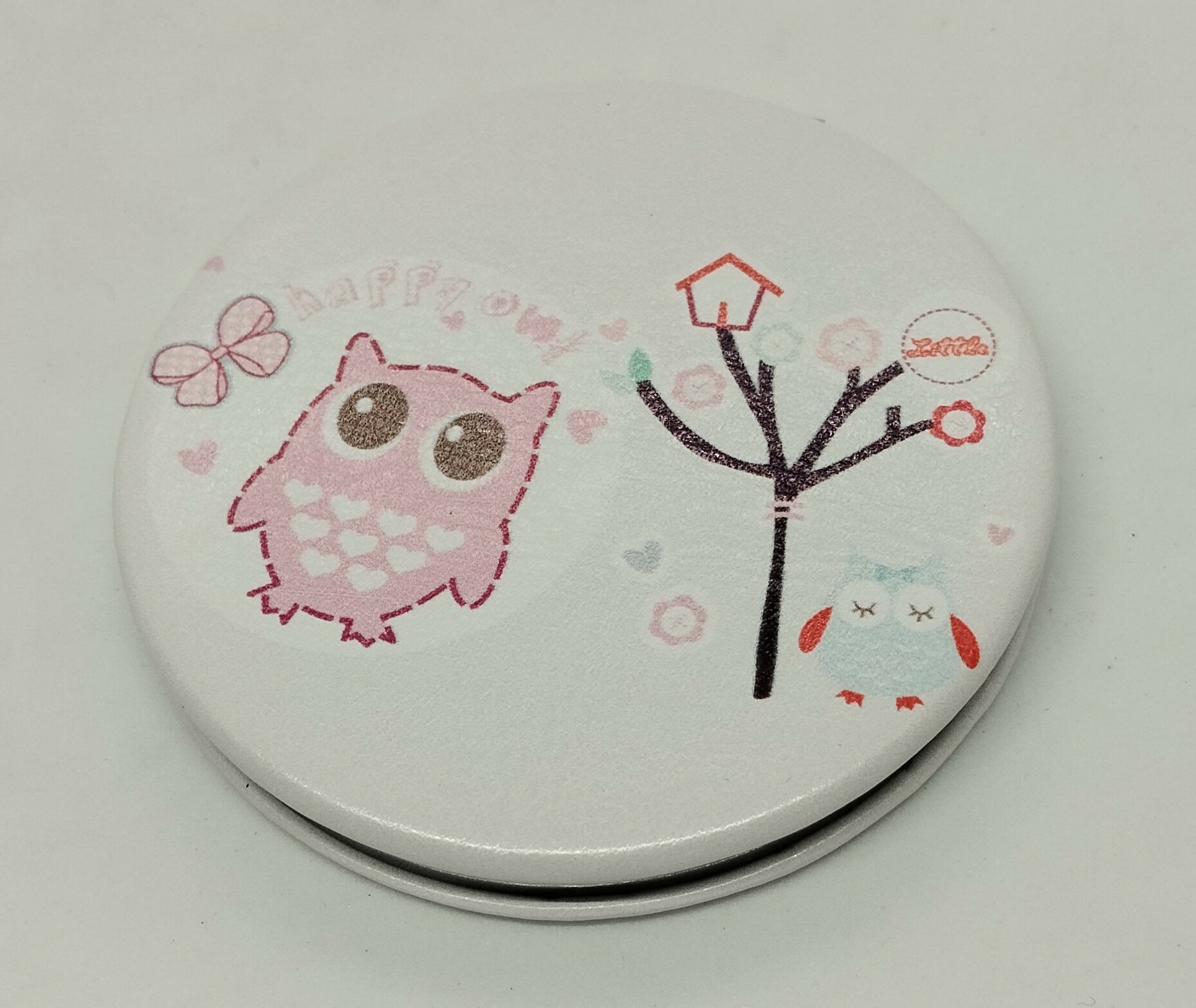 Зеркало кожаное, круглое "Розовая сова "Happy Owl"