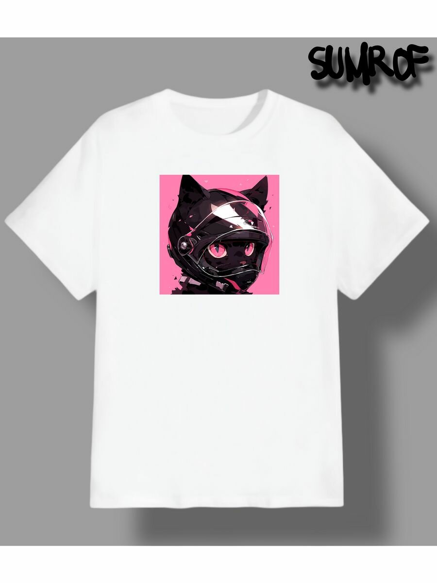 Футболка кот в шлеме киберпанк