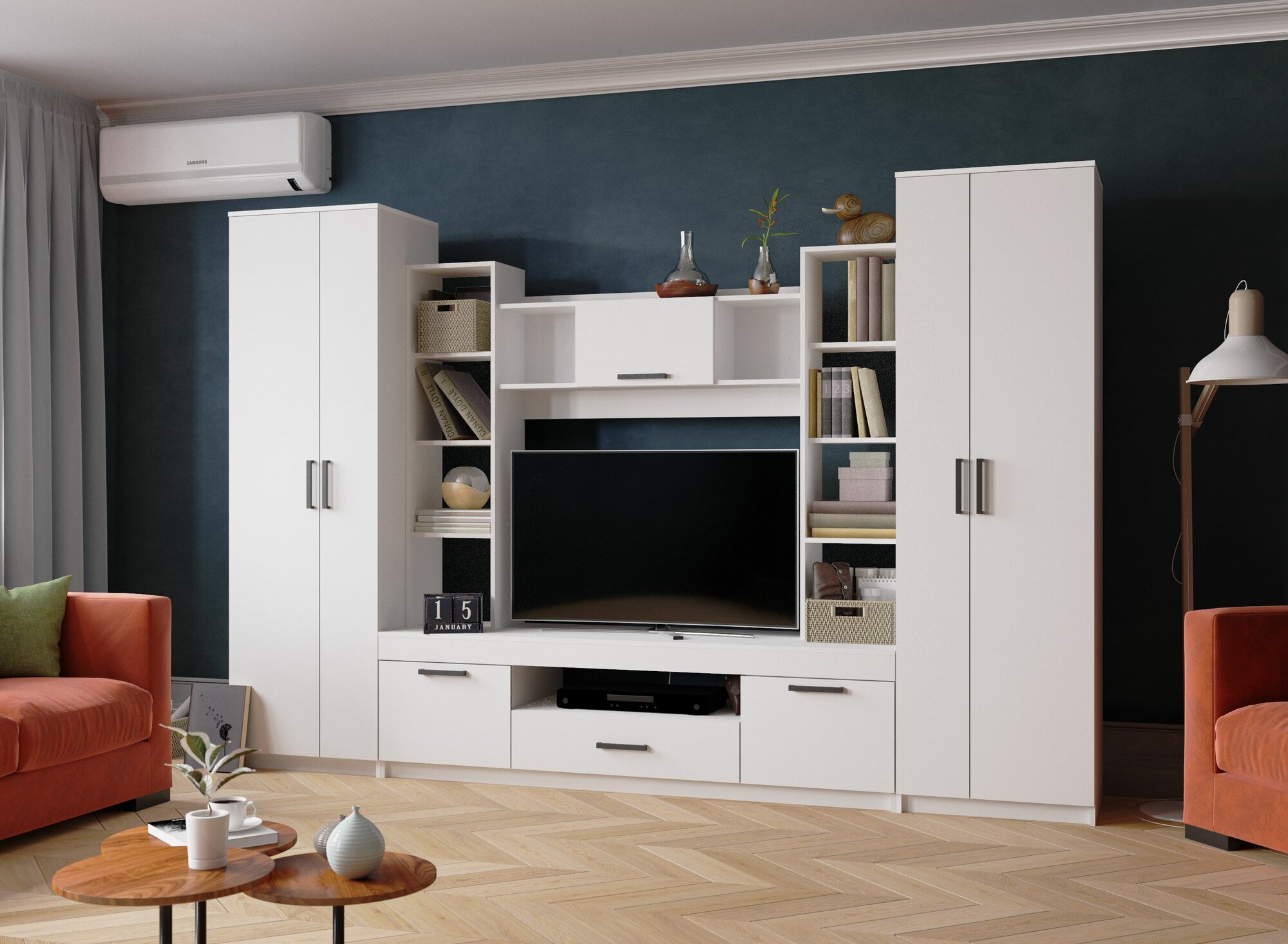 Гостиная Micon Сидней-2, белая, с полками, с тумбой, со штангой, 200x300x47 см