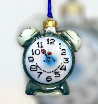 Игрушка на елку Часы (будильник) зеленые, фарфор