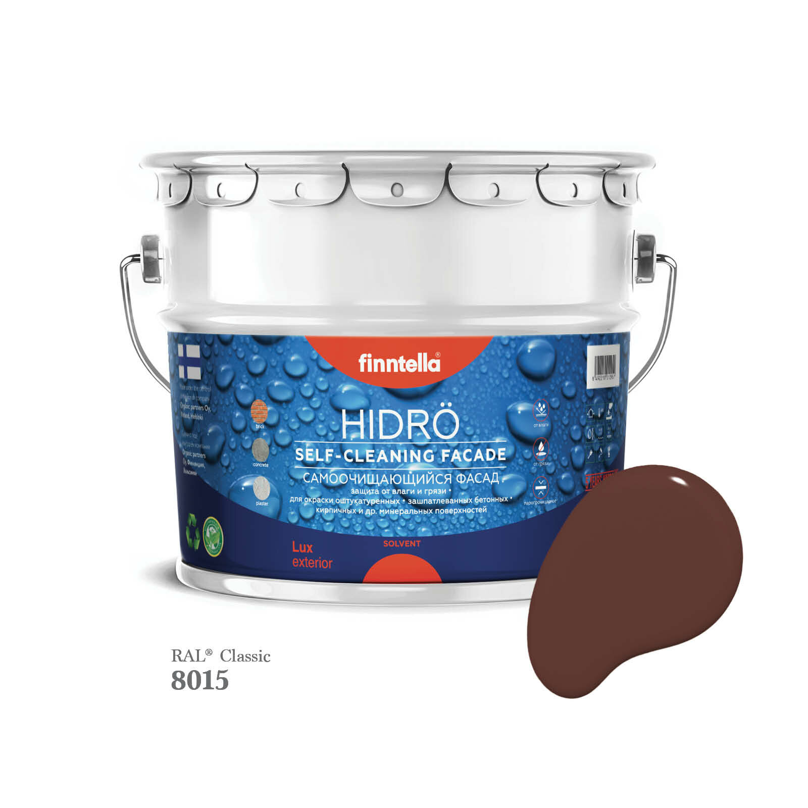 Краска фасадная для наружных работ HIDRO с эффектом лотоса, цвет RAL8015 Каштаново-коричневый (Chestnut brown), 9л