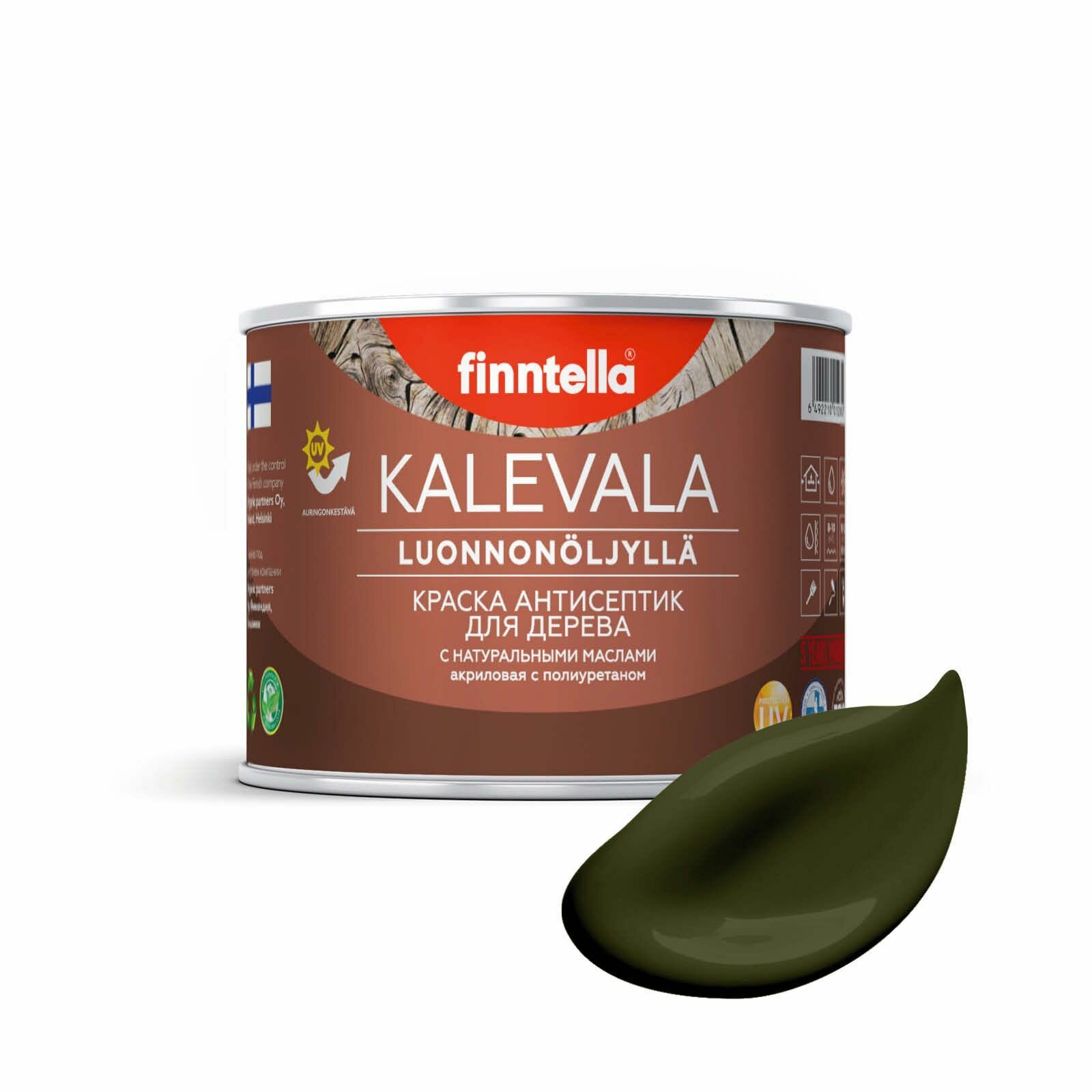 Краска для дерева и деревянных фасадов FINNTELLA KALEVALA, с натуральным маслом и полиуретаном, цвет KOMBU (буро-зеленый) , 0,45л