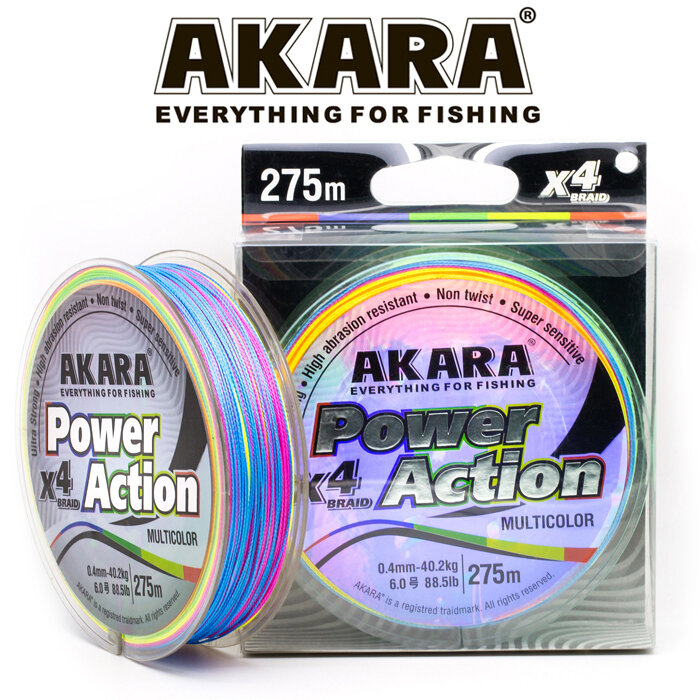 Шнур Akara Power Action X-4 Multicolor 275 м, тест 40.2кг d 0.4мм