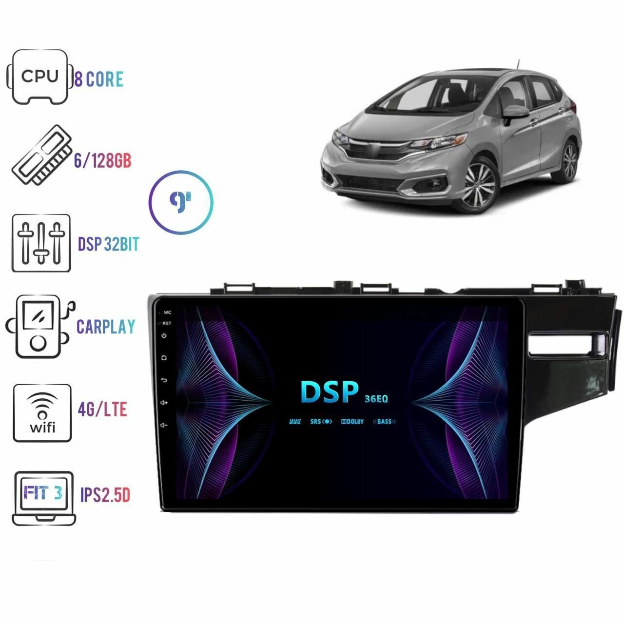 Магнитола для Honda Jazz 3/Honda Fit 3 GP/GK 2013 - 2020 MFB (правый руль) на Андроиде 6+128Gb+8ядер+DSP+CarPlay+4G SIM+IPS2.5D