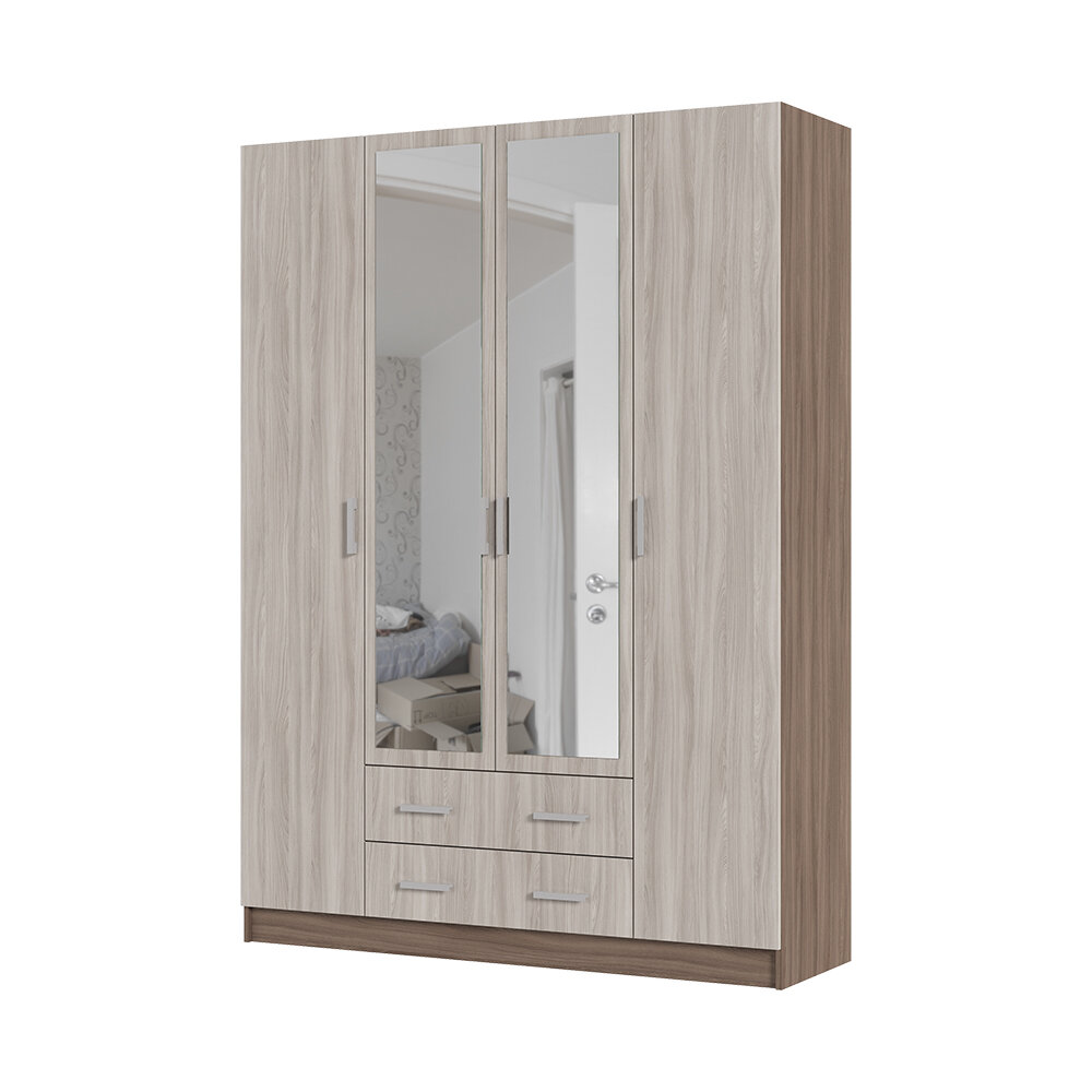 Шкаф 4х створчатый с ящиками, зеркалами, полками и штангами для одежды