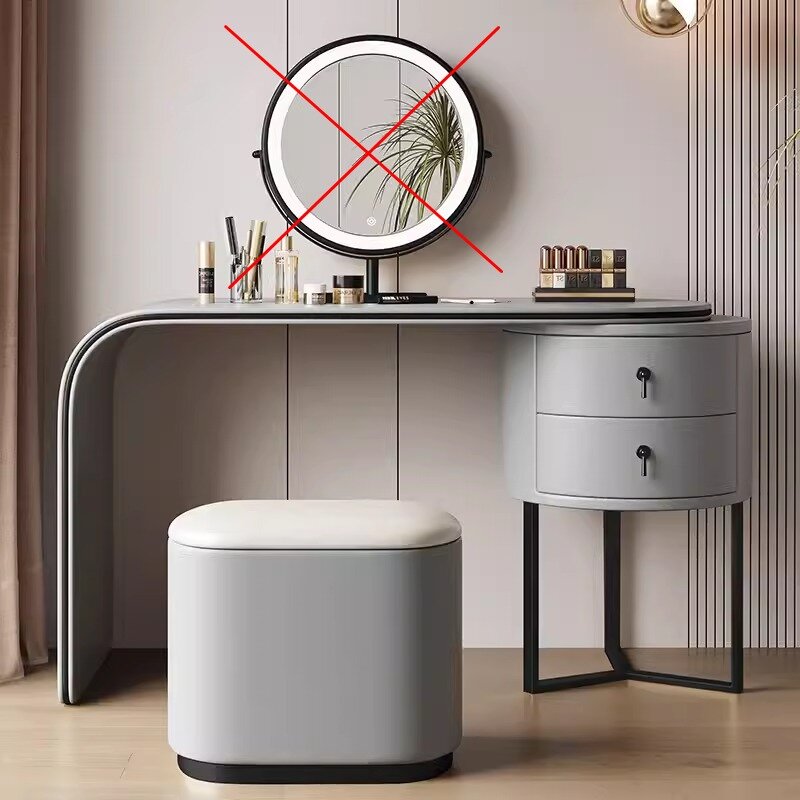 Элегантный туалетный столик 100 см покрытый кожей с круглой тумбой и изогнутой столешницей - черный металл (светло-серый столик + пуф без зеркала)